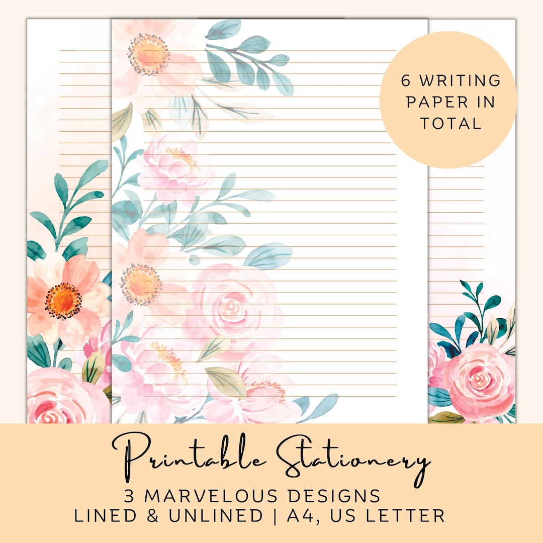 Watercolor Flower Printable Stationery, Lined Pink Floral Stationary ...