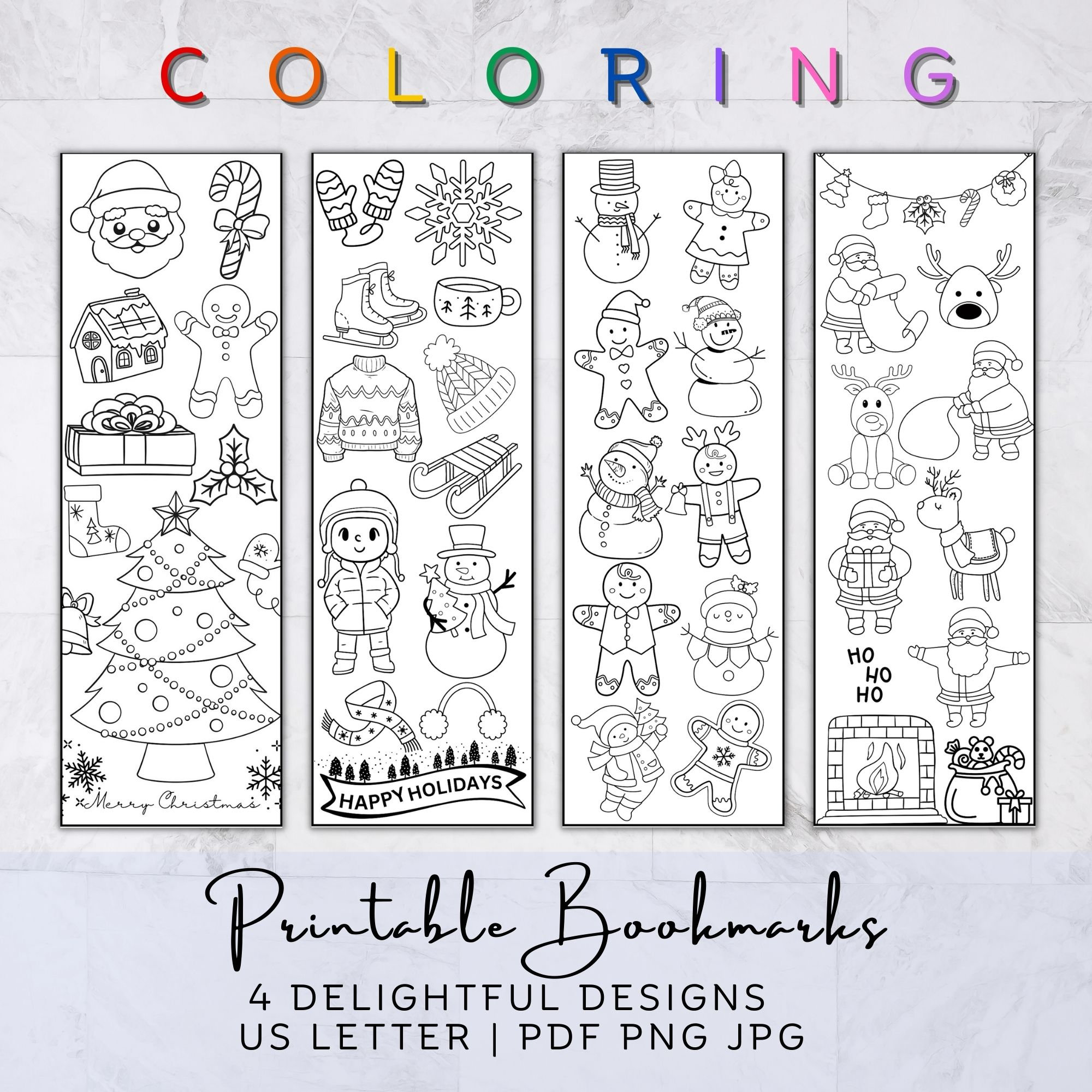 Christmas Coloring Bookmarks, Printable Bookmark Set, Kids and Adult ...