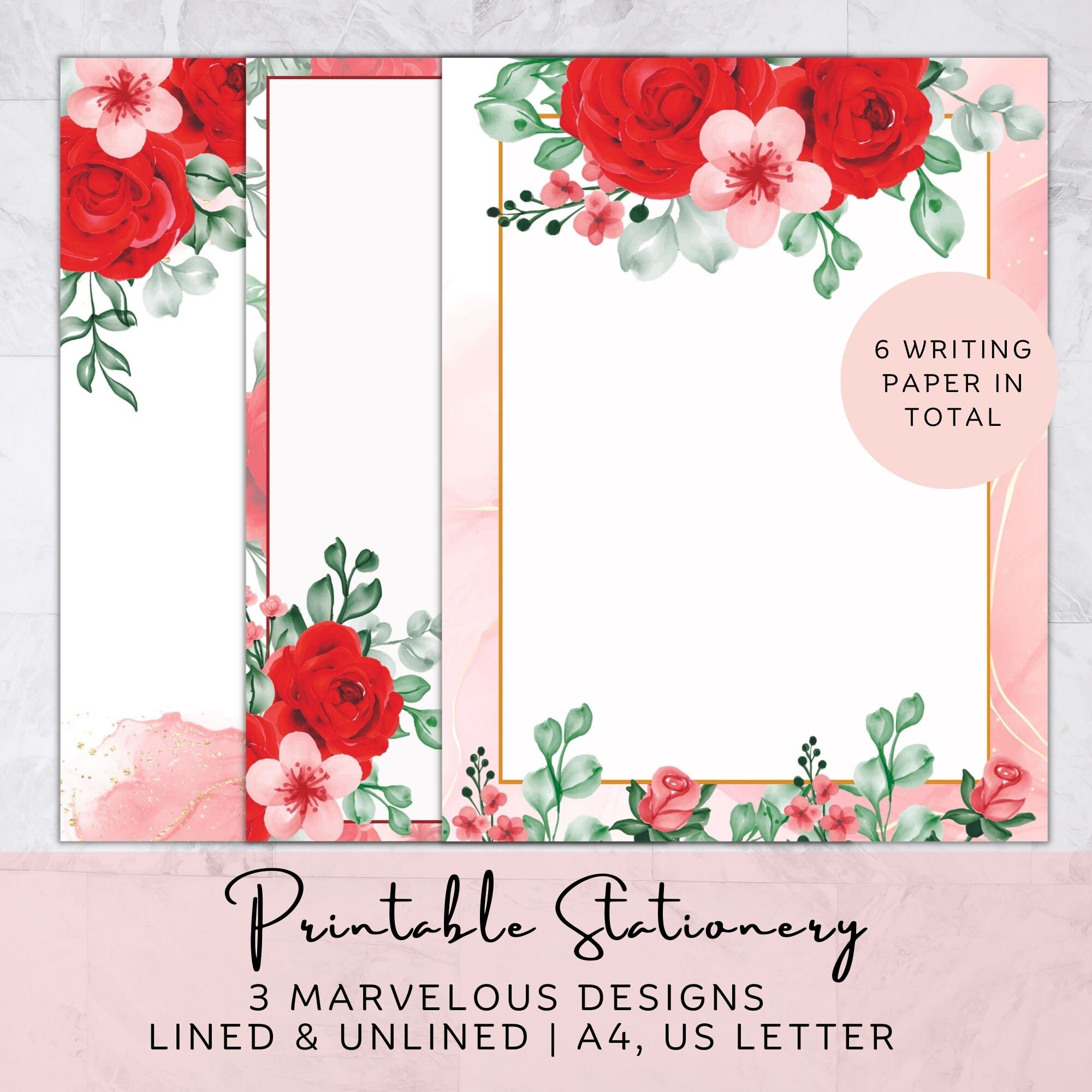 Printable Red Roses Stationery, Floral Penpal Paper, Letter Writing ...