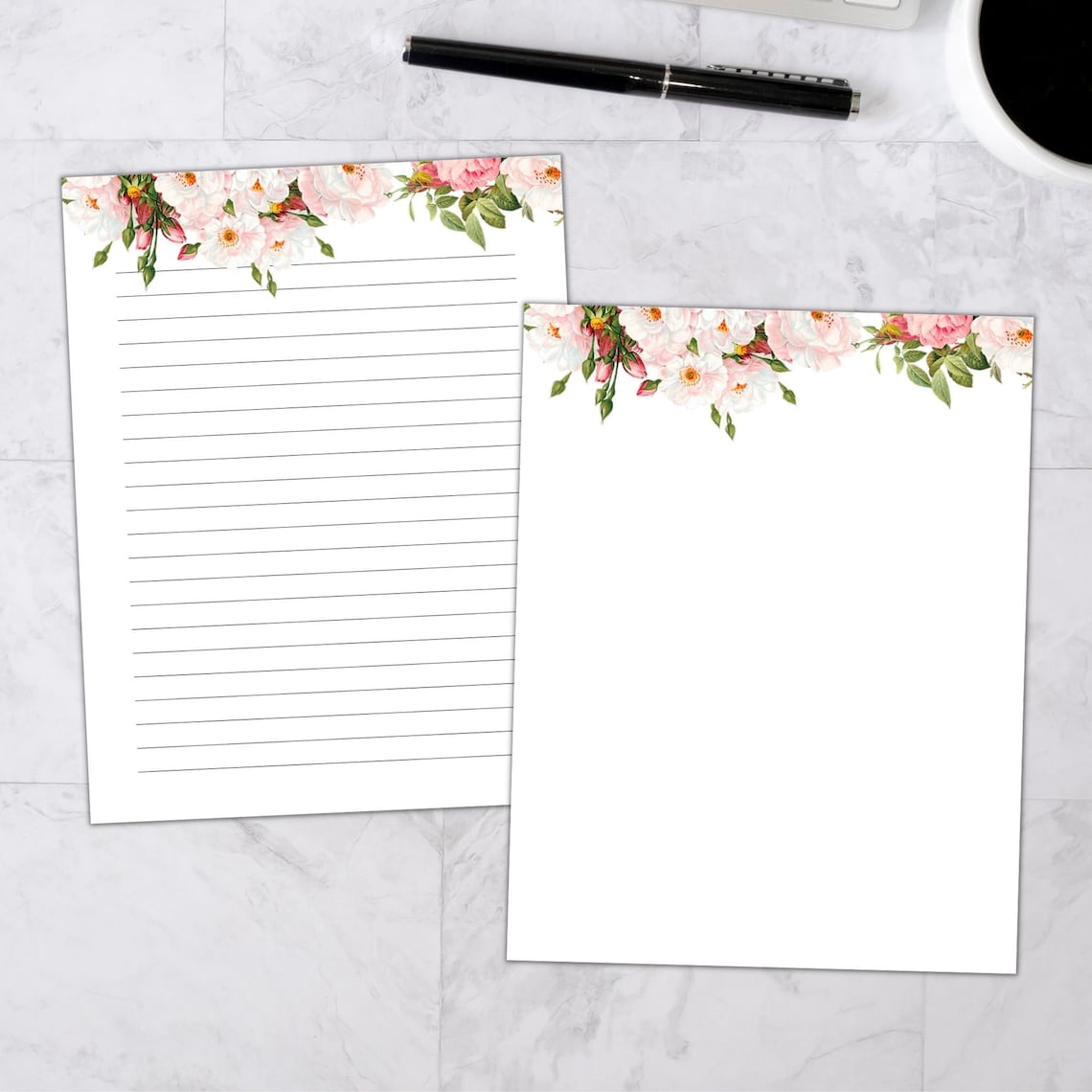 Pink Floral Printable Stationery, Letter Writing Paper, Lined Unlined ...