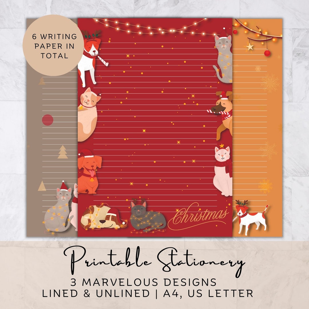 Cute Christmas Printable Stationery, Pets Dog & Cat, Lined Unlined ...