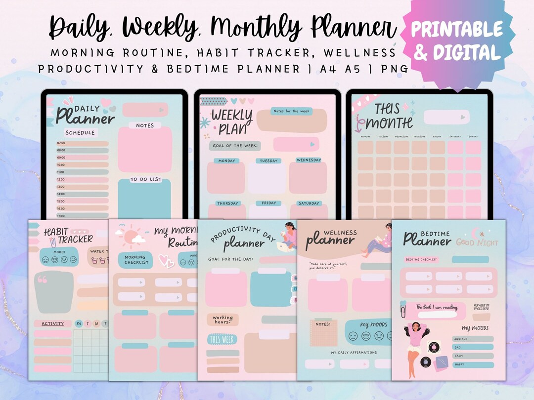 Daily Weekly Monthly Printable Planner, Habit Tracker, Morning Routine ...