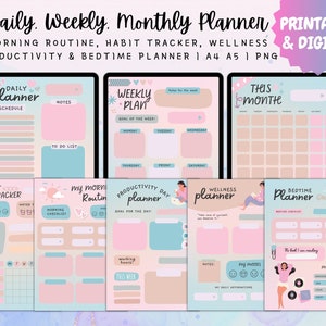 Daily Weekly Monthly Printable Planner, Habit Tracker, Morning Routine ...