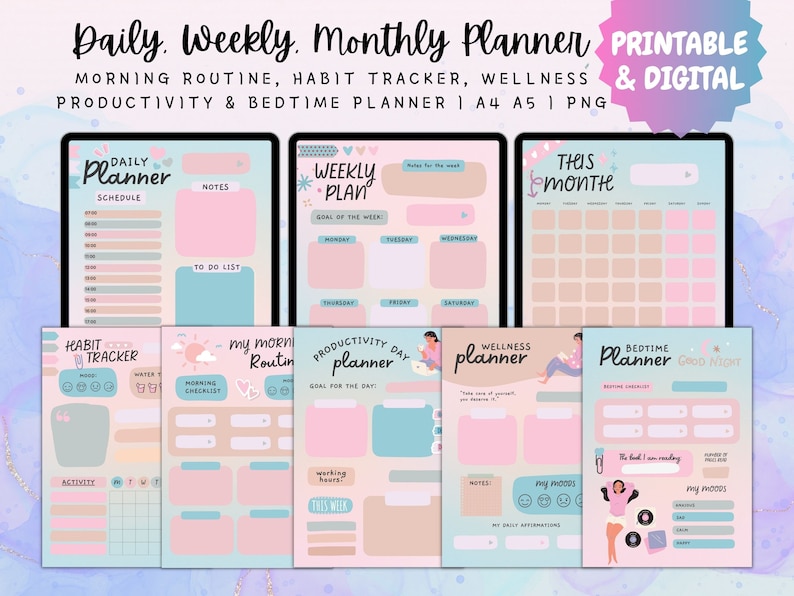 Daily Weekly Monthly Printable Planner, Habit Tracker, Morning Routine ...