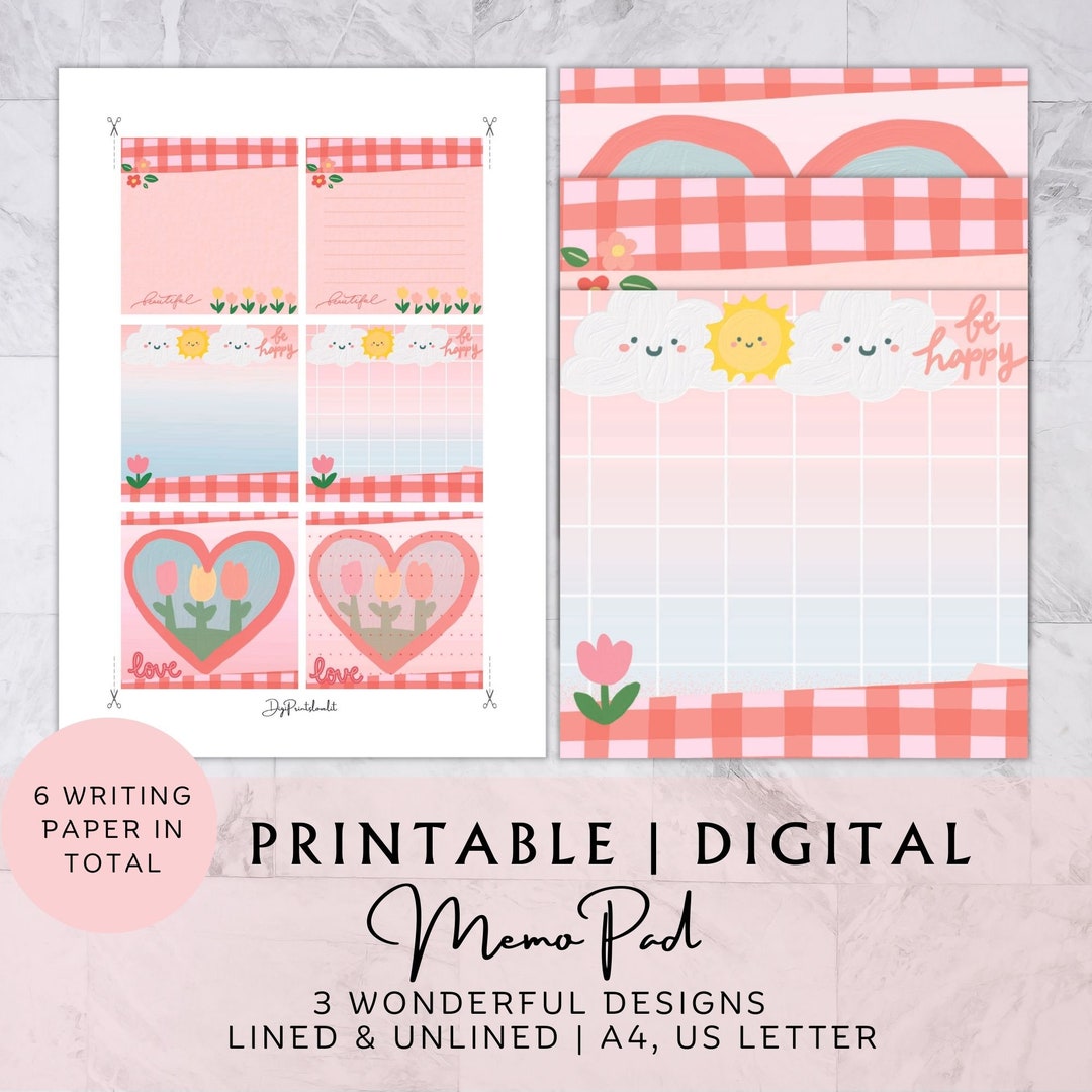 Cute Printable Memo Pad, Kawaii Sticky Notes, Digital Notepad, Lined ...
