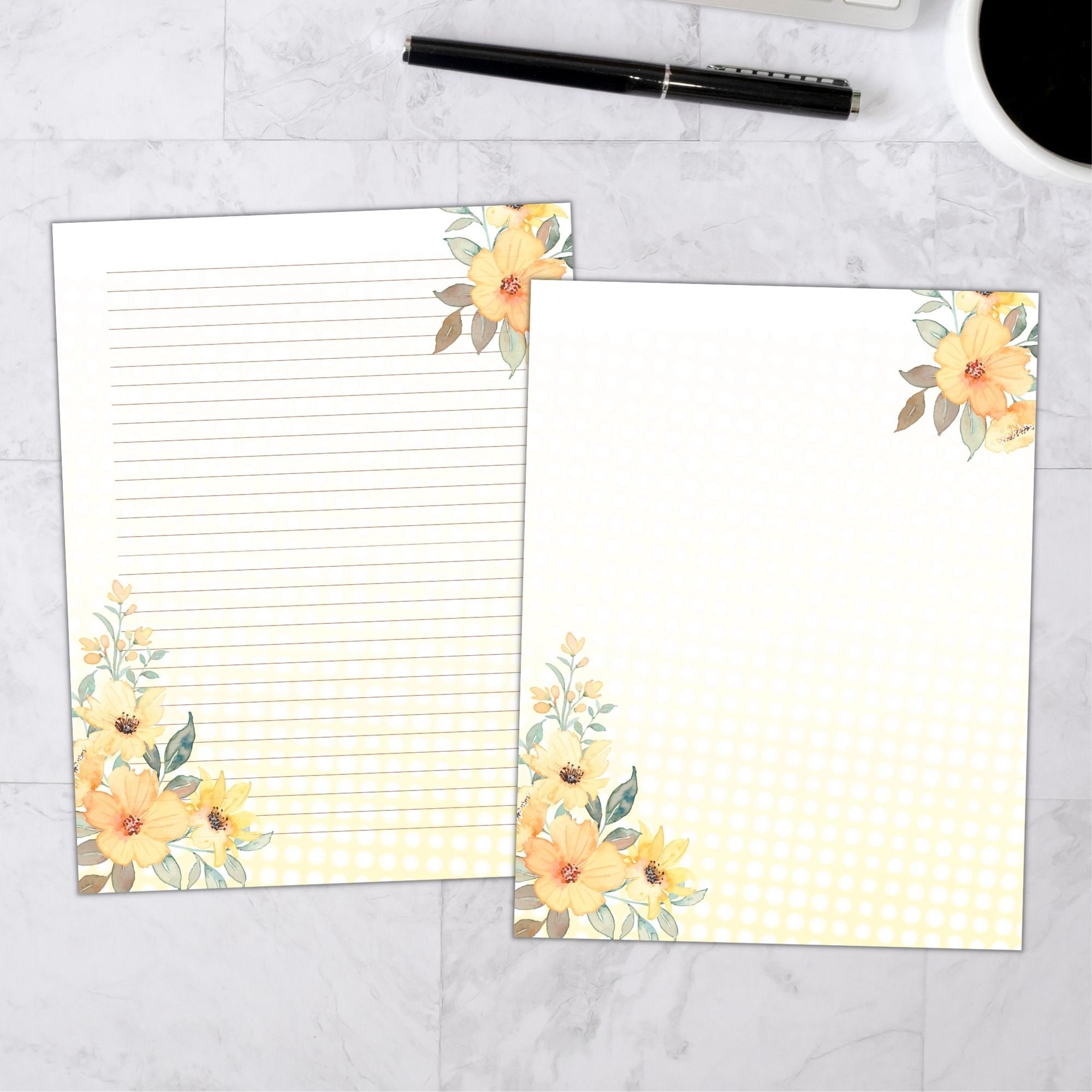 Printable Yellow Flowers Stationery, Floral Lined Stationary, Penpal ...