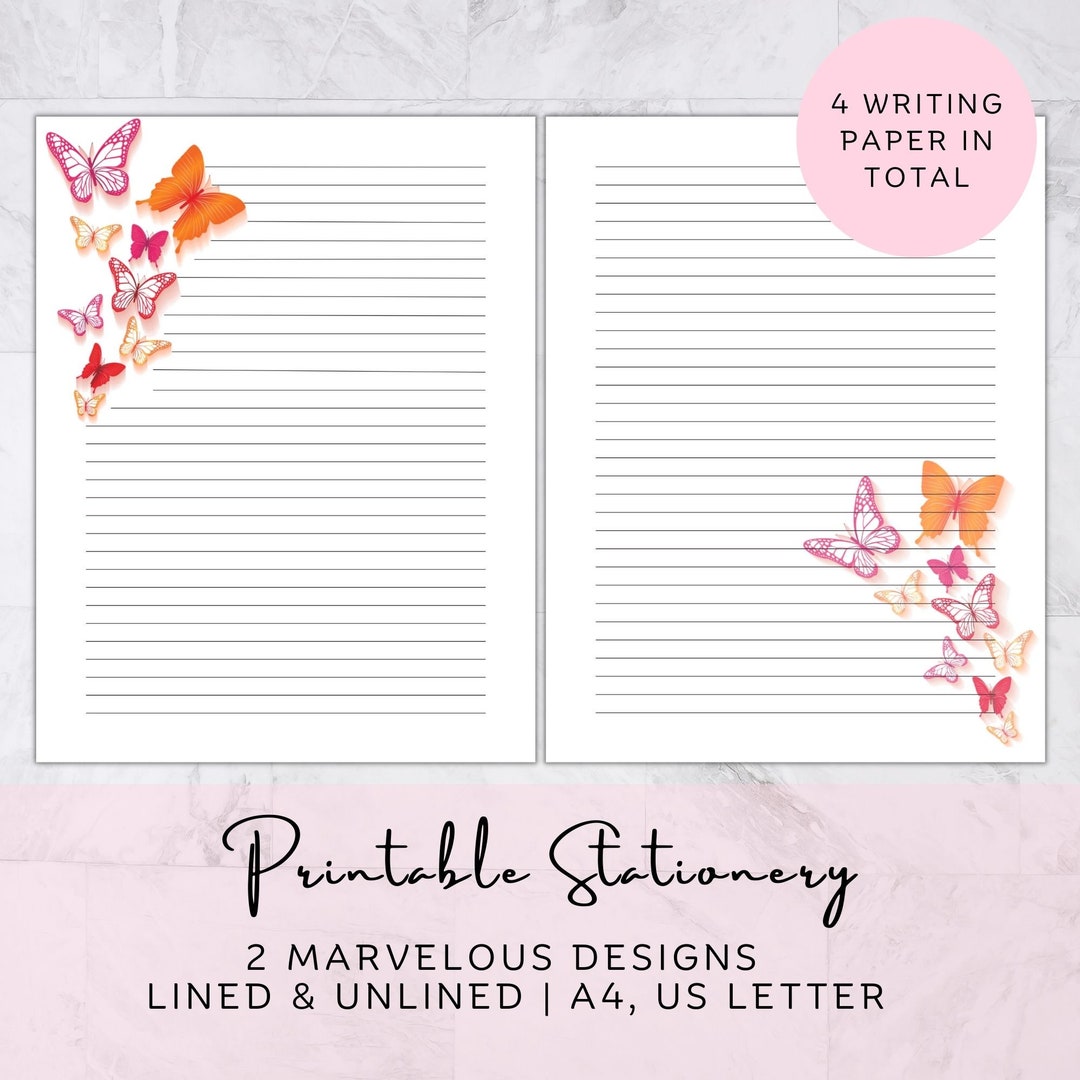 Butterfly Printable Stationery, Letter Writing Paper, Lined Unlined ...