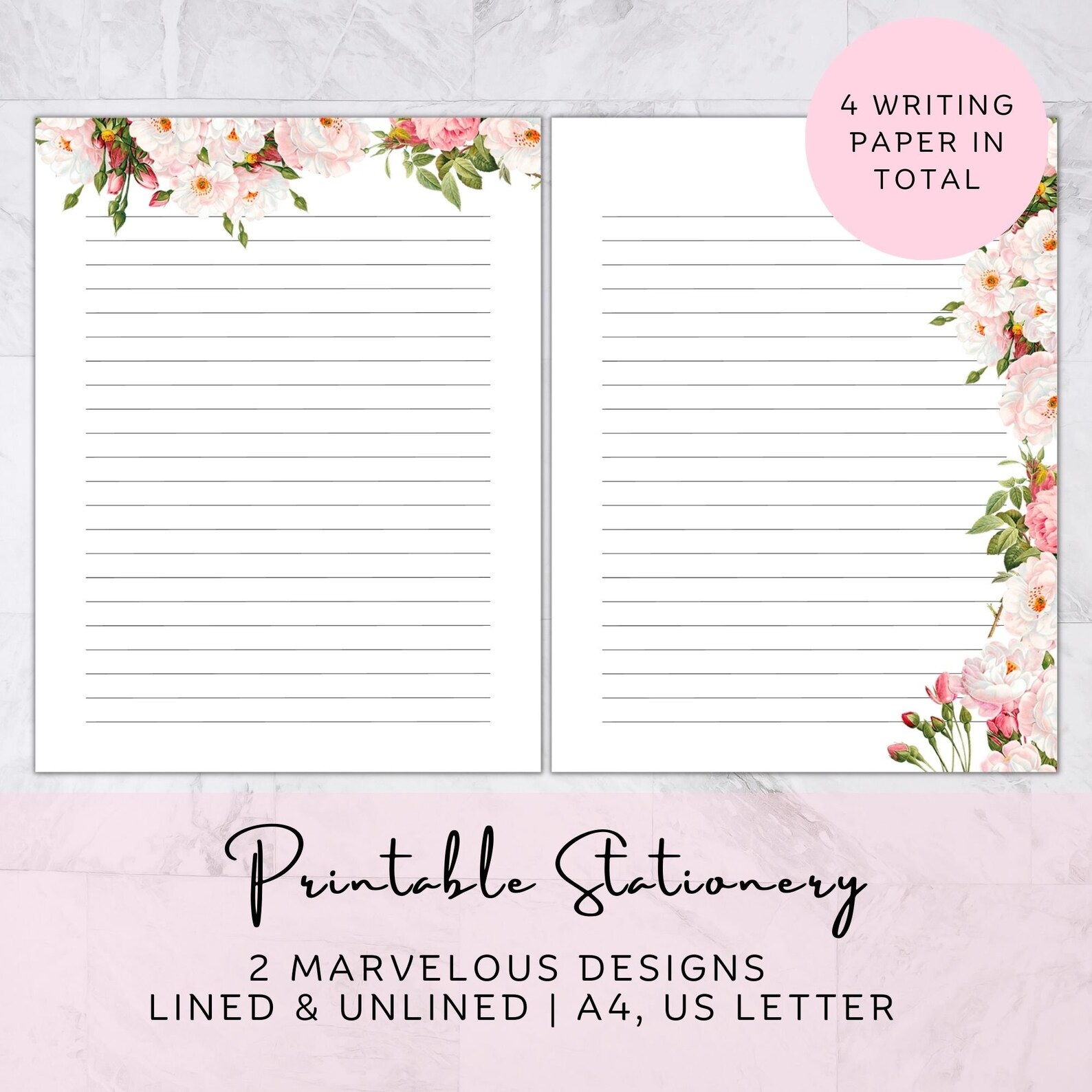 Pink Floral Printable Stationery, Letter Writing Paper, Lined Unlined ...