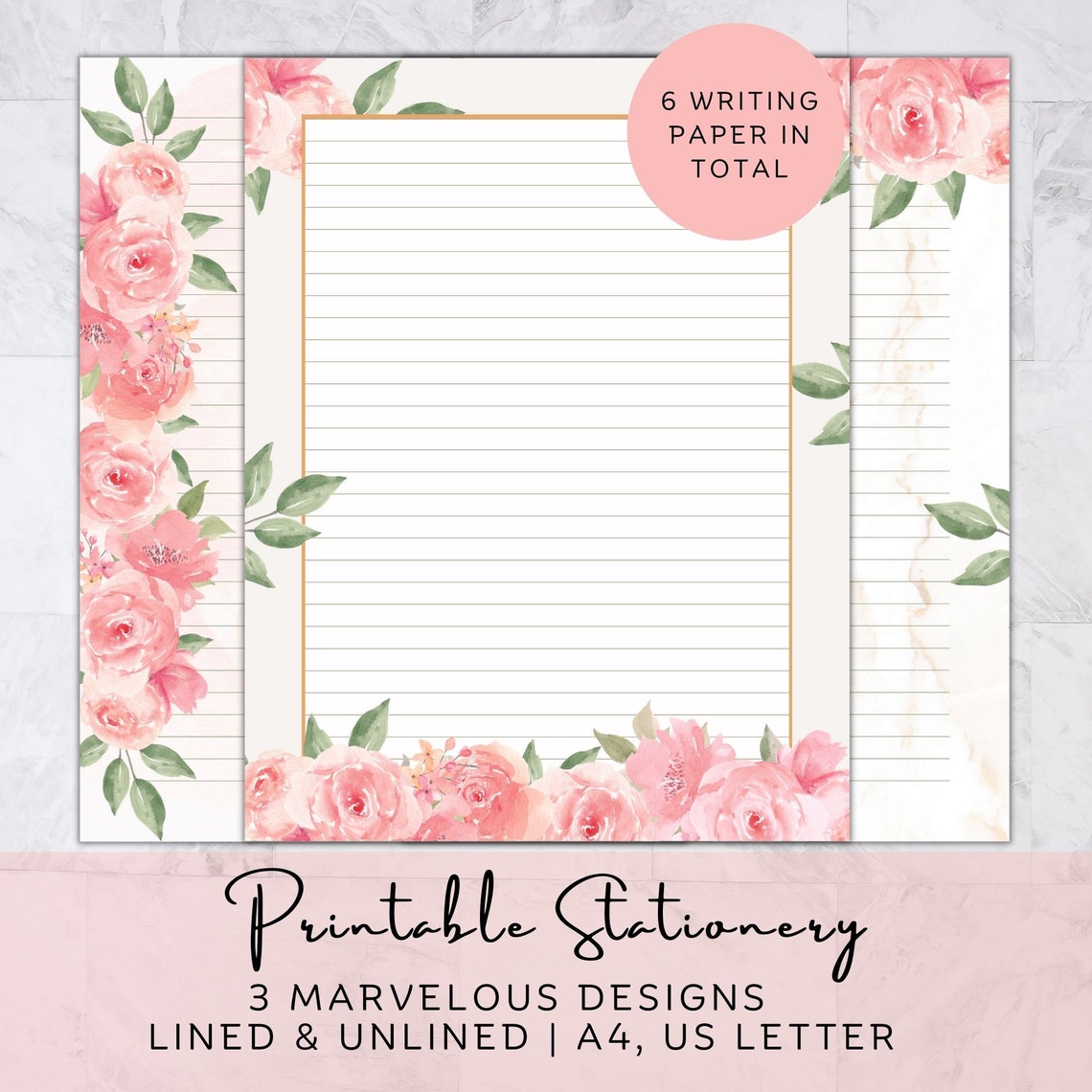 Printable Stationery Pink Roses, Letter Writing Paper, Lined Stationary ...