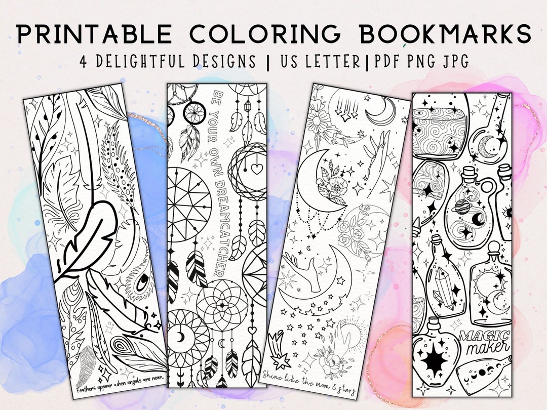 Mystical Printable Coloring Bookmarks, Feathers Dreamcatcher Moon Magic ...
