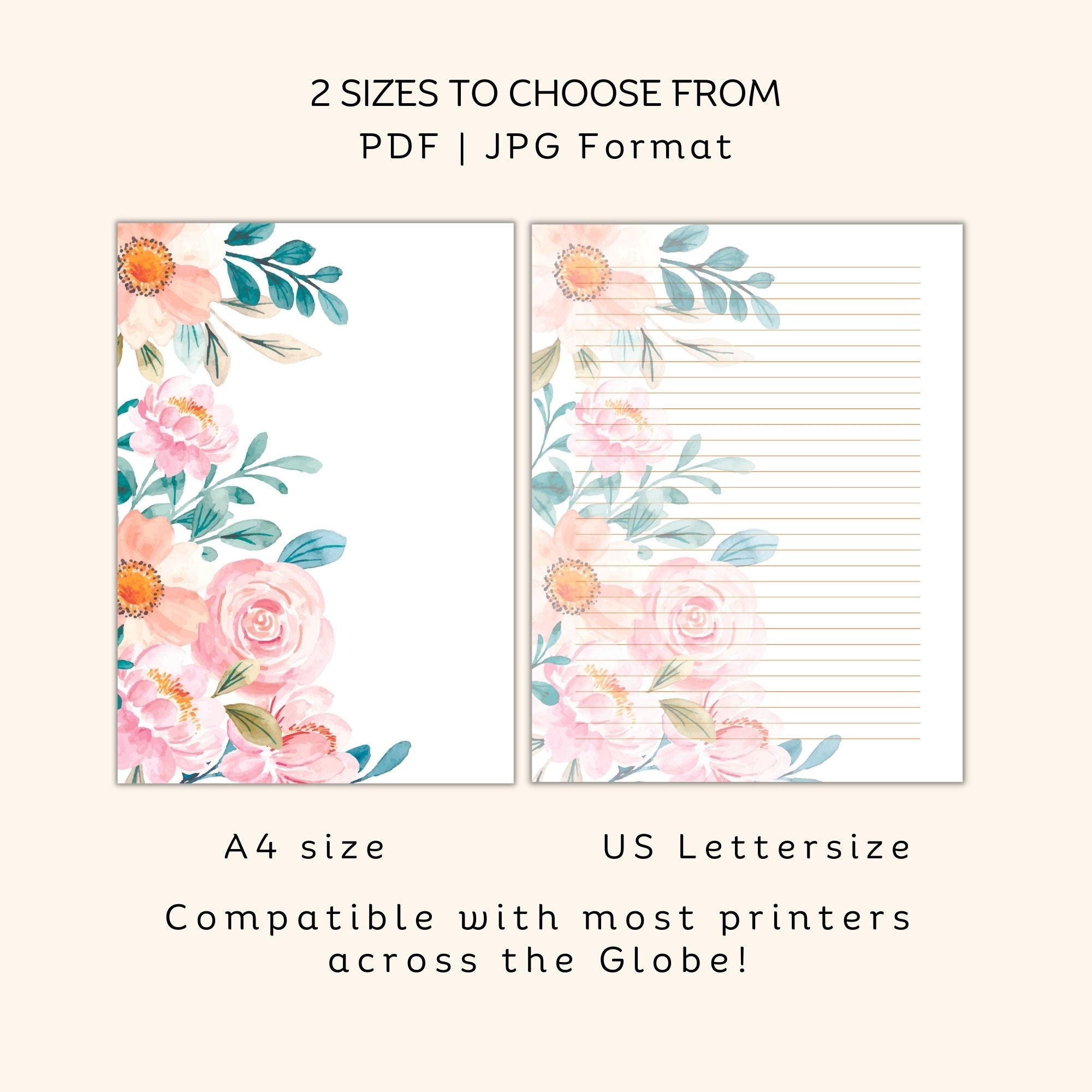 Watercolor Flower Printable Stationery, Lined Pink Floral Stationary ...