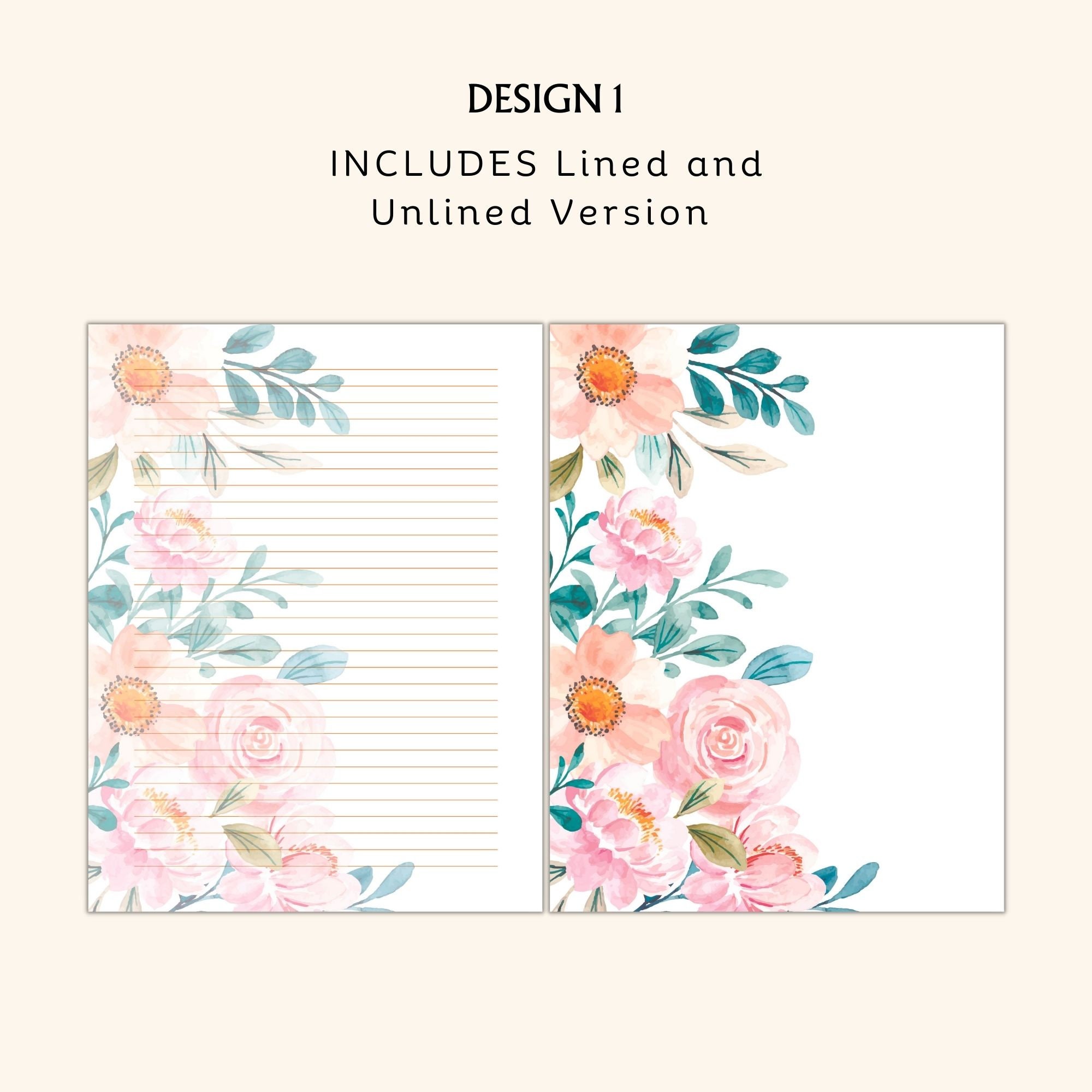Watercolor Flower Printable Stationery, Lined Pink Floral Stationary ...