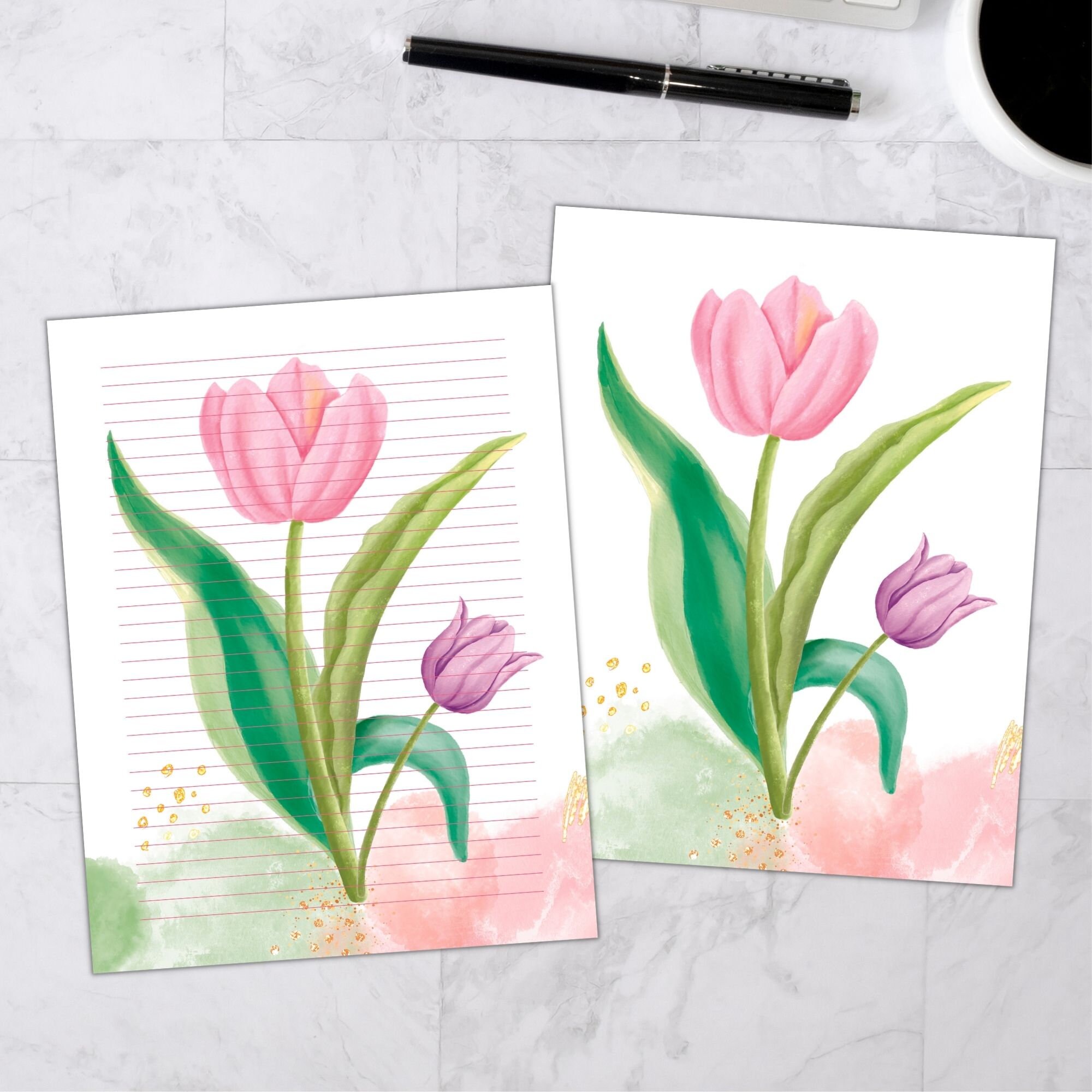 Tulips Printable Stationery, Letter Writing Set, Lined Unlined ...