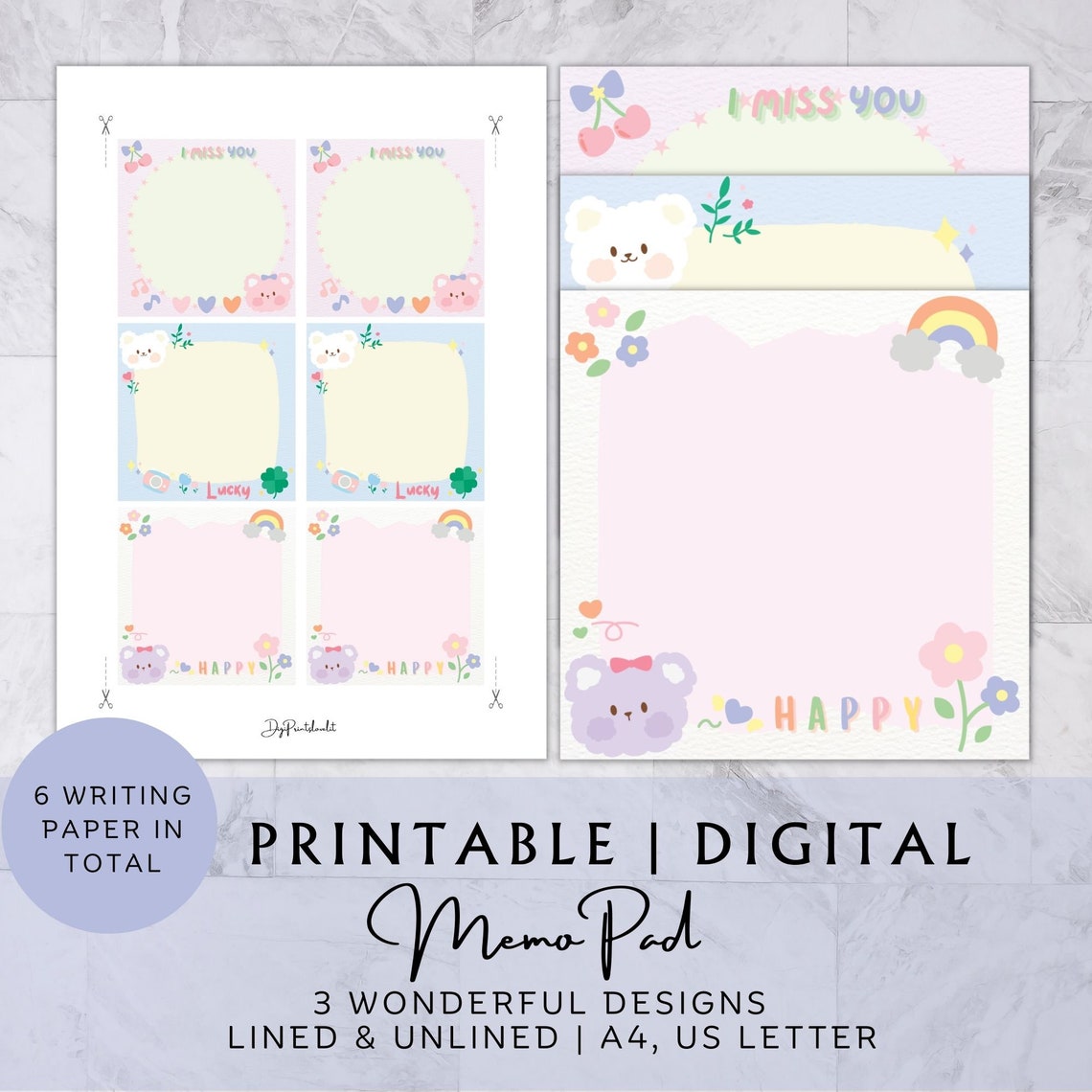 Cute Bear Printable Memo Pad, Digital Notepad, Pretty Sticky Notes ...