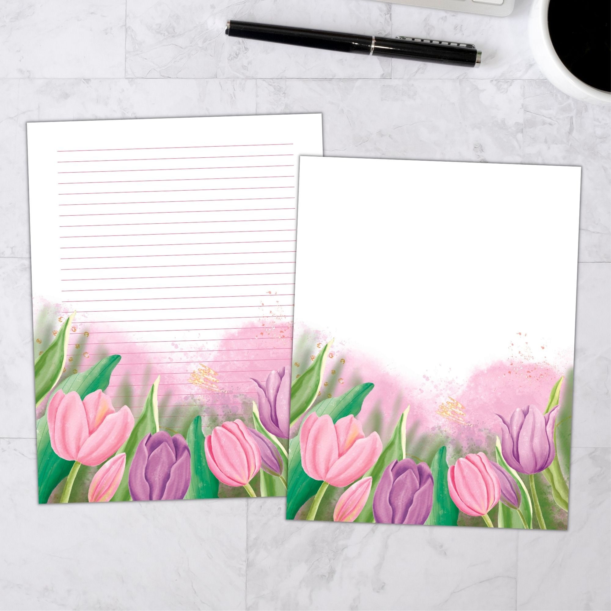 Tulips Printable Stationery, Letter Writing Set, Lined Unlined ...