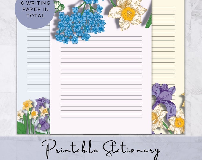 Blooming Flowers Printable Stationery, Floral Lined Stationary, Letter ...
