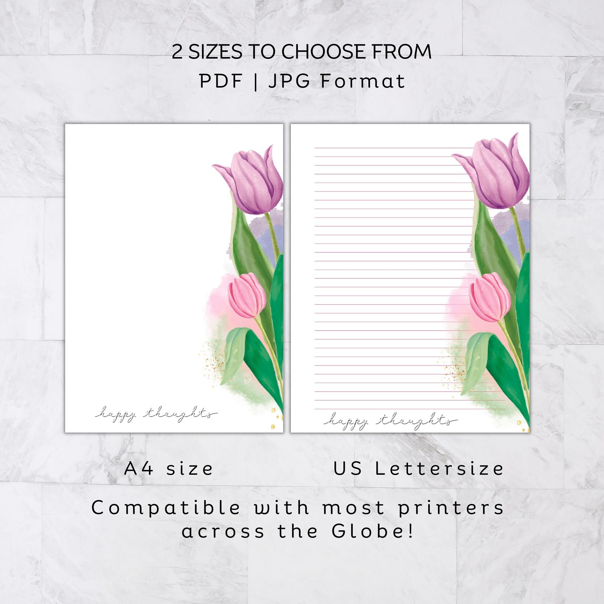 Tulips Printable Stationery, Letter Writing Set, Lined Unlined ...