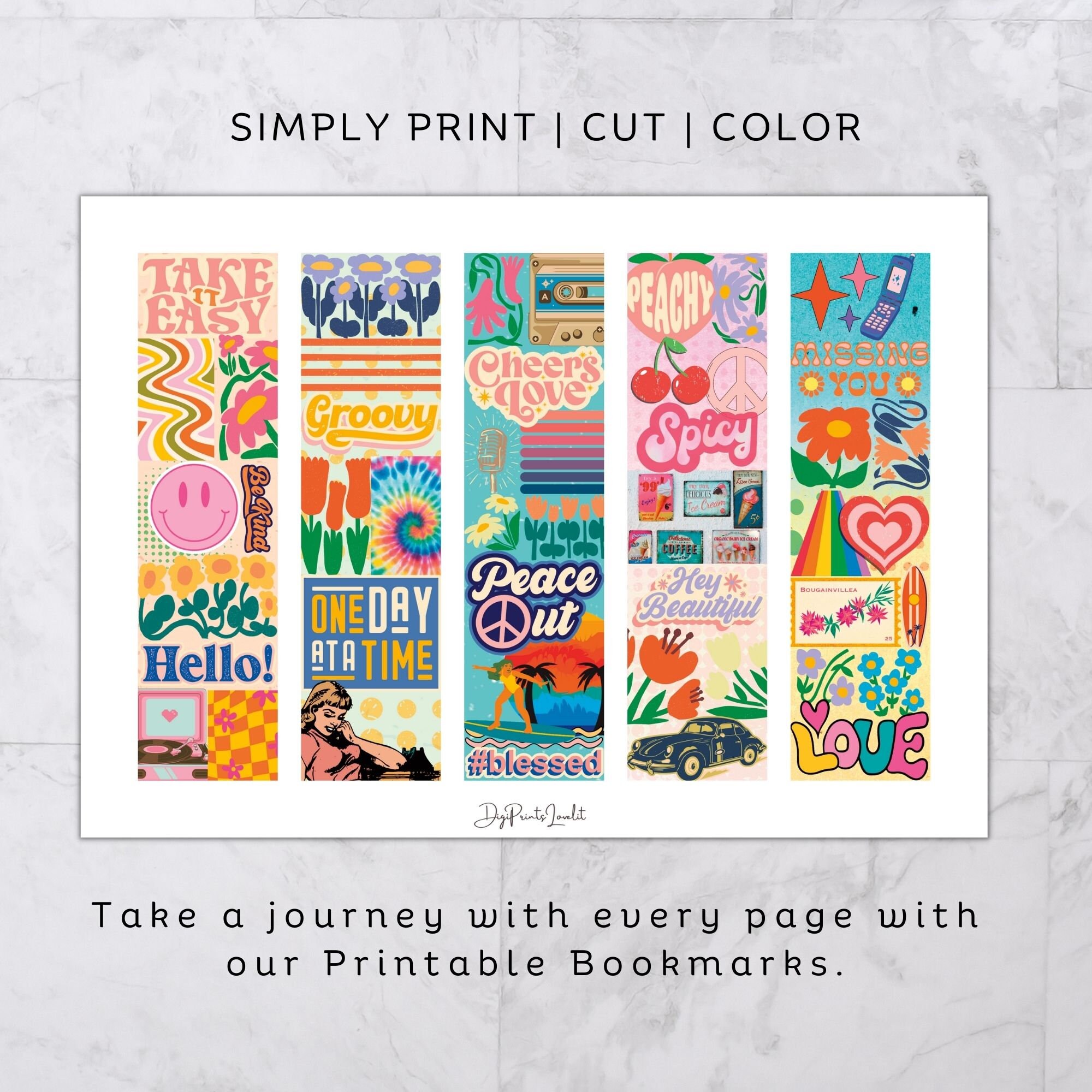 Retro Style Bookmarks Set of 5 Printable Bookmarks Cute - Etsy