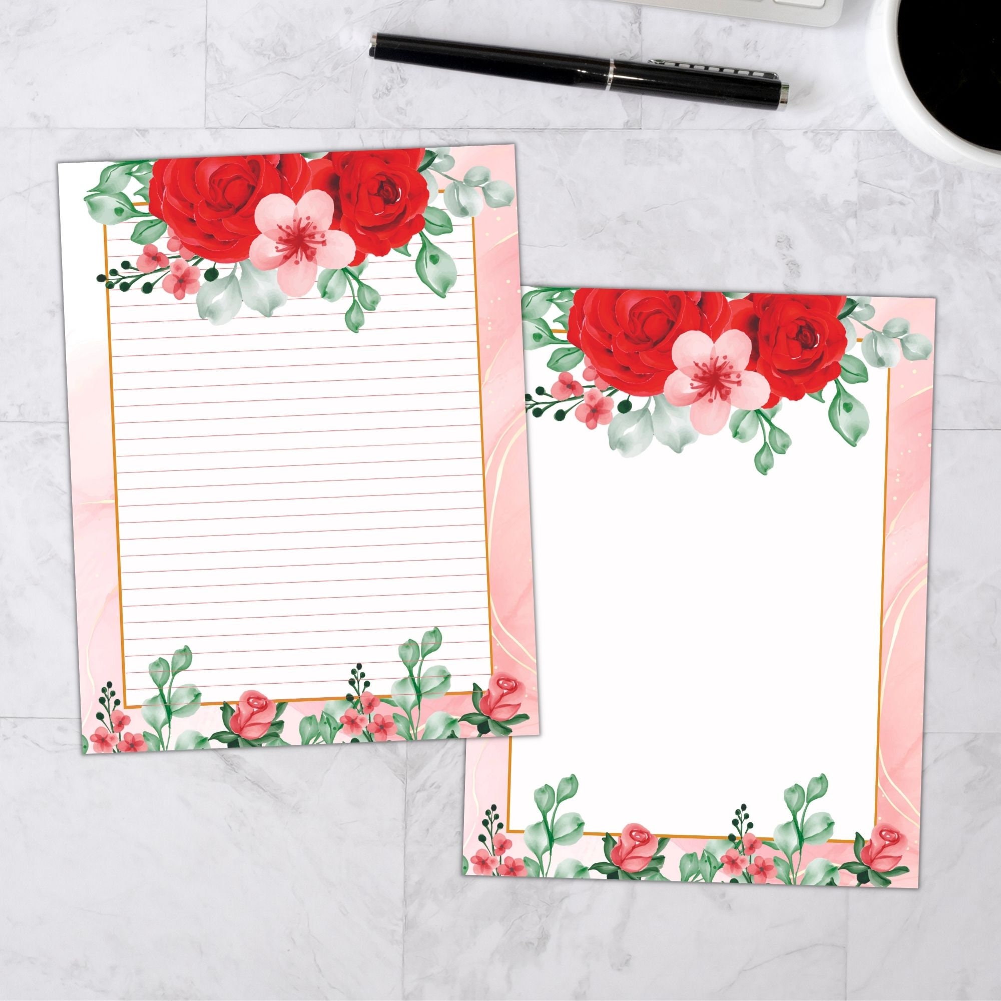 Printable Red Roses Stationery, Floral Penpal Paper, Letter Writing ...
