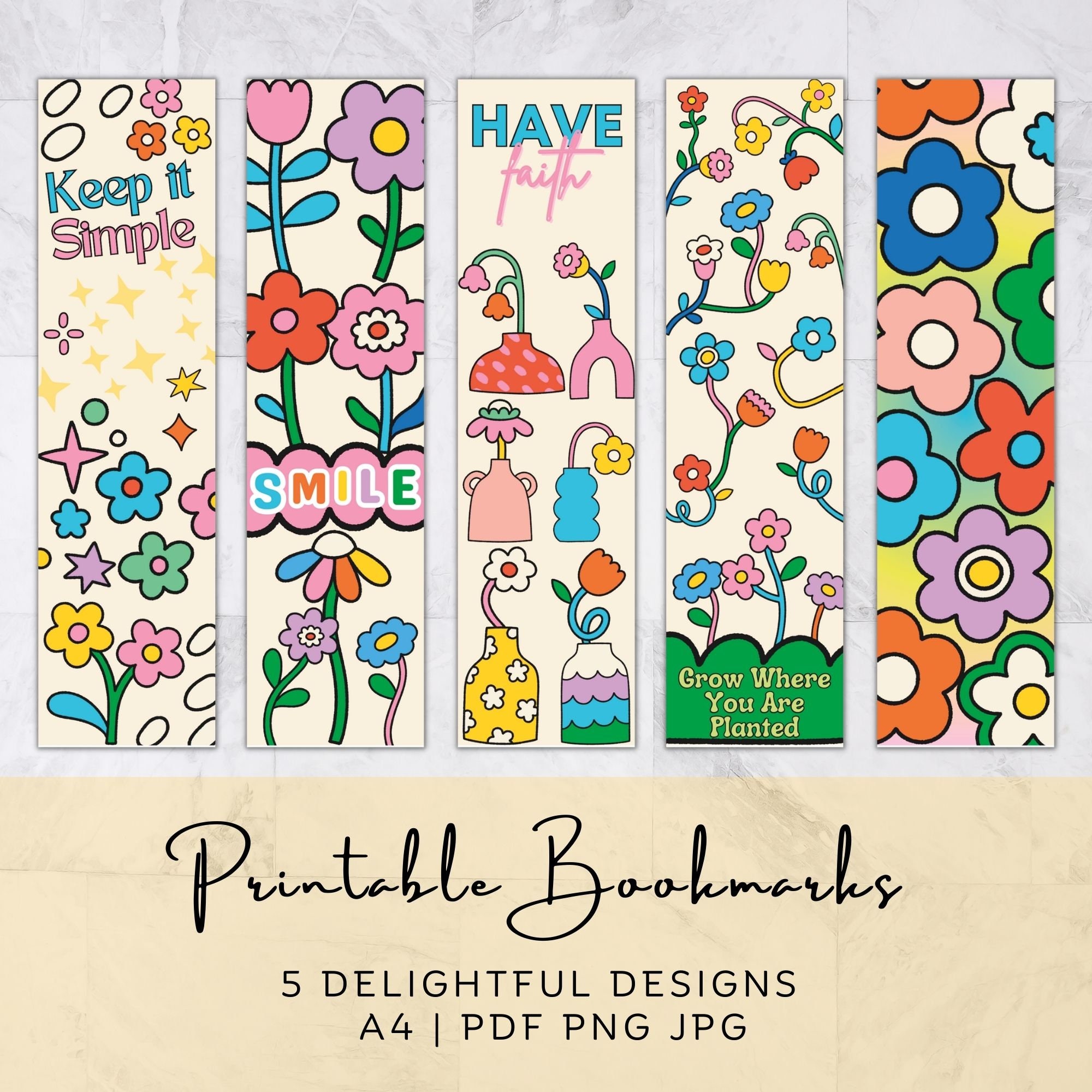 Groovy Flower Motivational Bookmarks, Printable Bookmarks, Cute ...