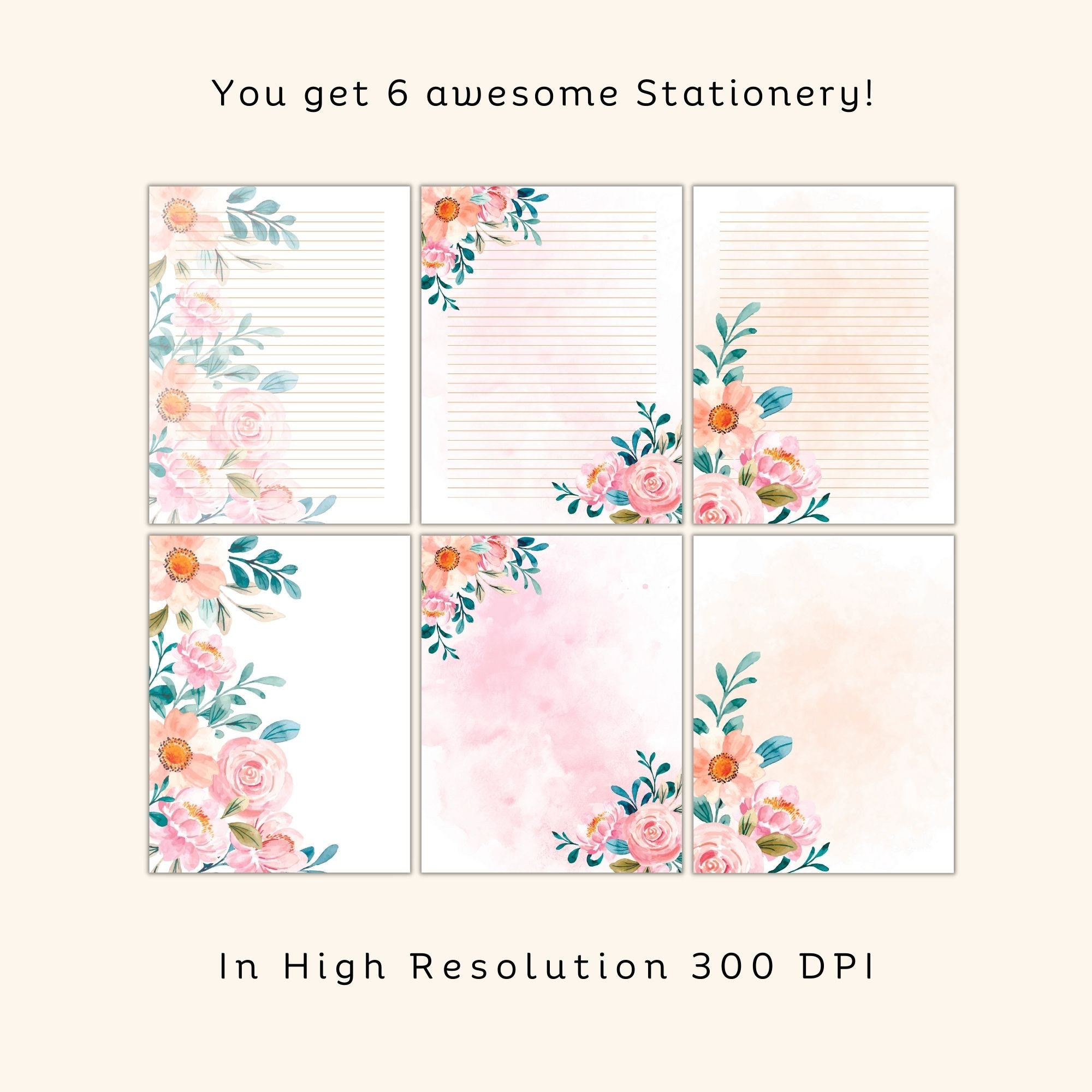 Watercolor Flower Printable Stationery, Lined Pink Floral Stationary ...