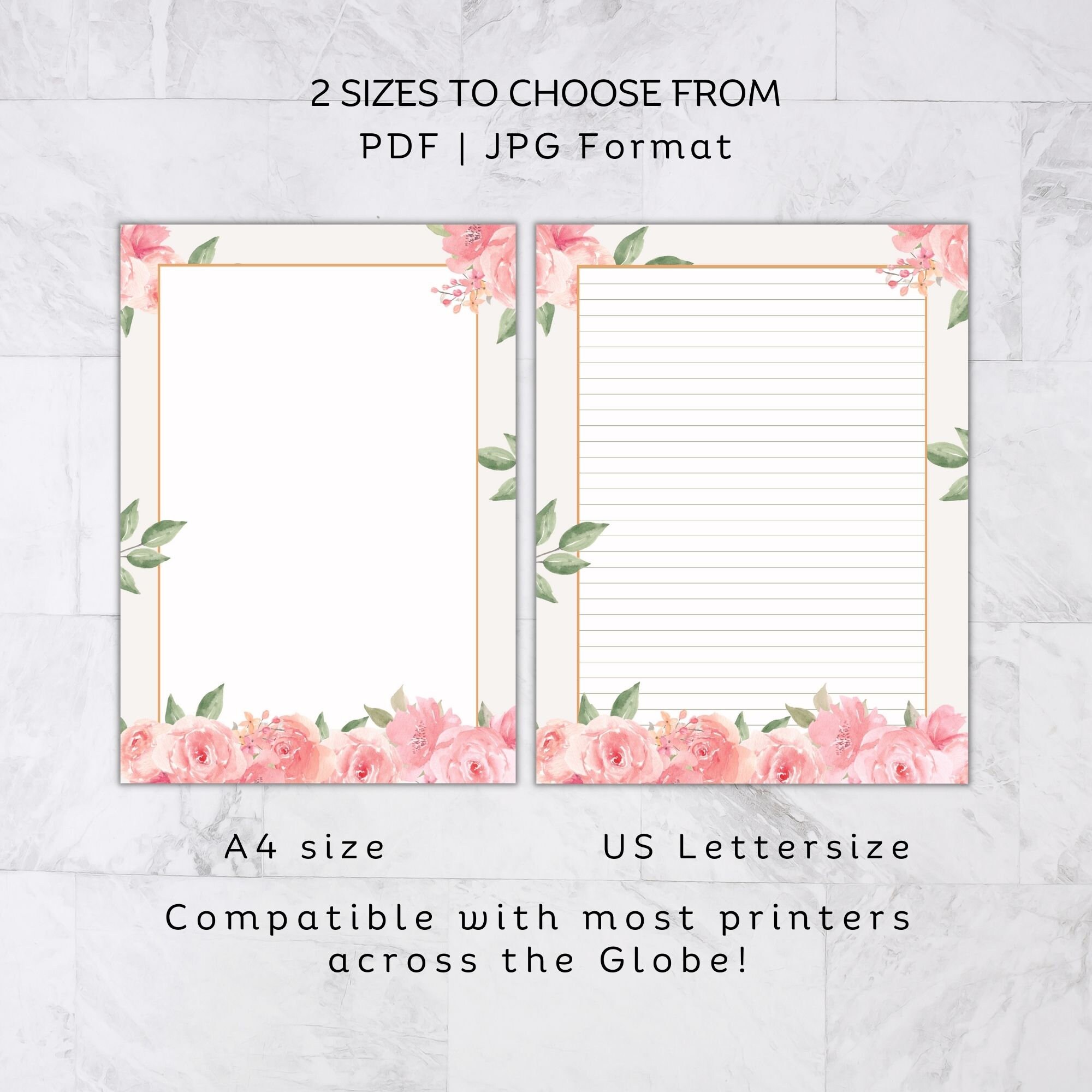 Printable Stationery Pink Roses, Letter Writing Paper, Lined Stationary ...