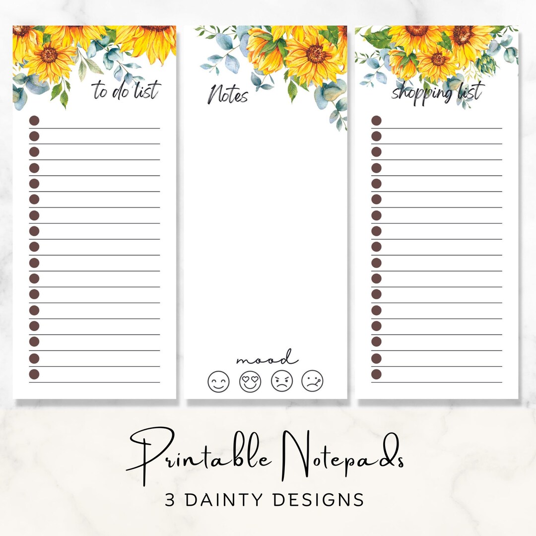 Sunflower Printable Notepads, 3-in-1 to Do List, Shopping List, and ...