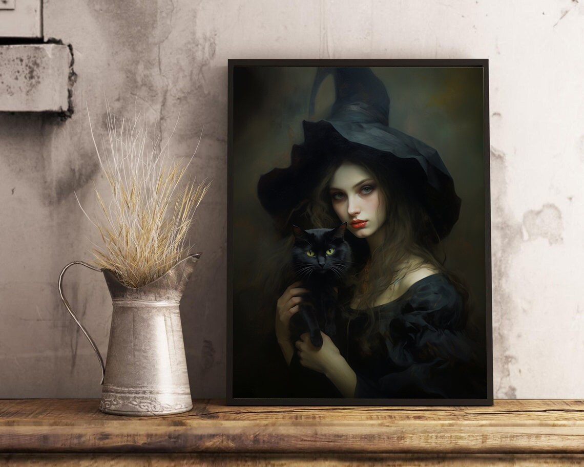 Vintage Witch Black Cat Printable Halloween Witch Print - Etsy