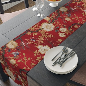 Crimson Asian Table Runner, Yellow and White Floral Design, Luxury ...