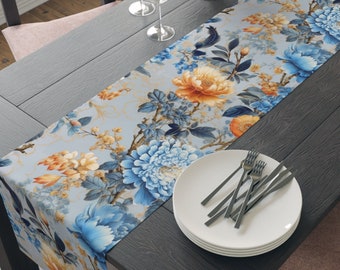 Designer Asian-inspired Table Runner, Golden Theme With Floral Tree ...