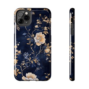 Floral Pattern Navy Blue and Gold Phone Case iPhone 15 14 13 12 11 Pro Max Samsung S23 S24 S22 ...