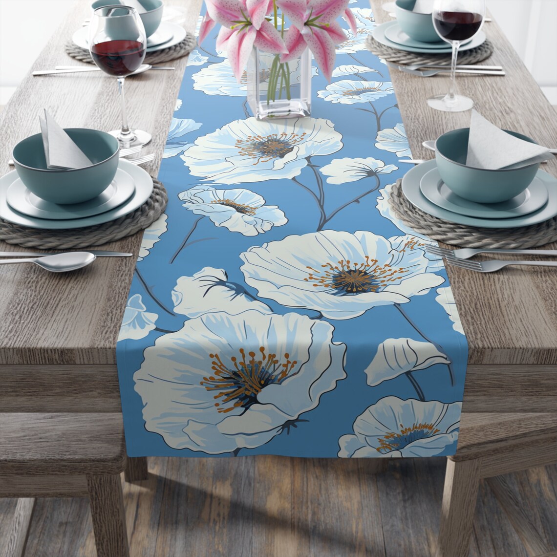 Sky Blue and White Poppies Floral Table Runner, Luxurious Decor Accent ...