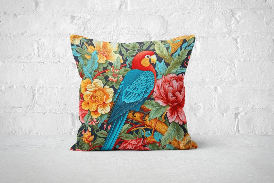Parrot Pillow in William Morris Style, Summer Decor Piece, Bird Lover's ...