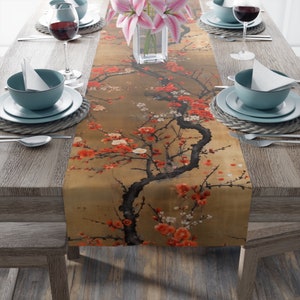 Designer Asian-inspired Table Runner, Golden Theme With Floral Tree ...