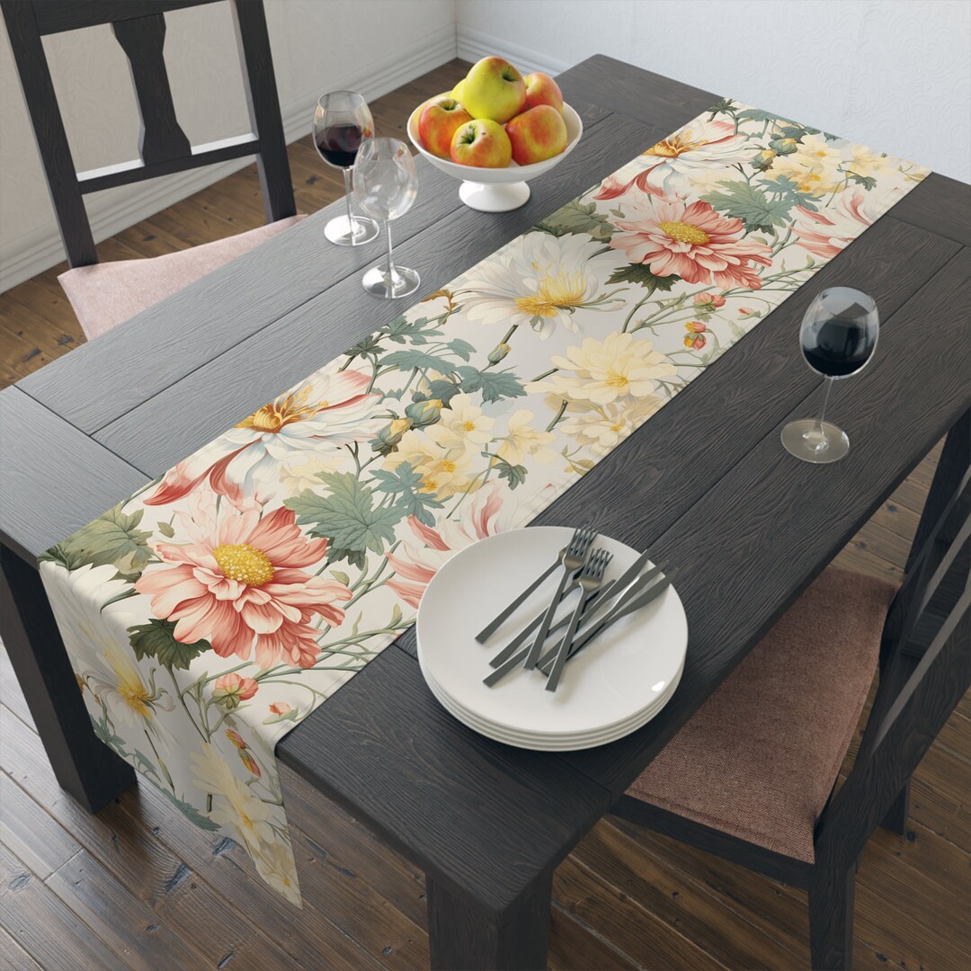 Whimsical Peonies and Daisies Summer Table Runner, Floral Decor Design ...