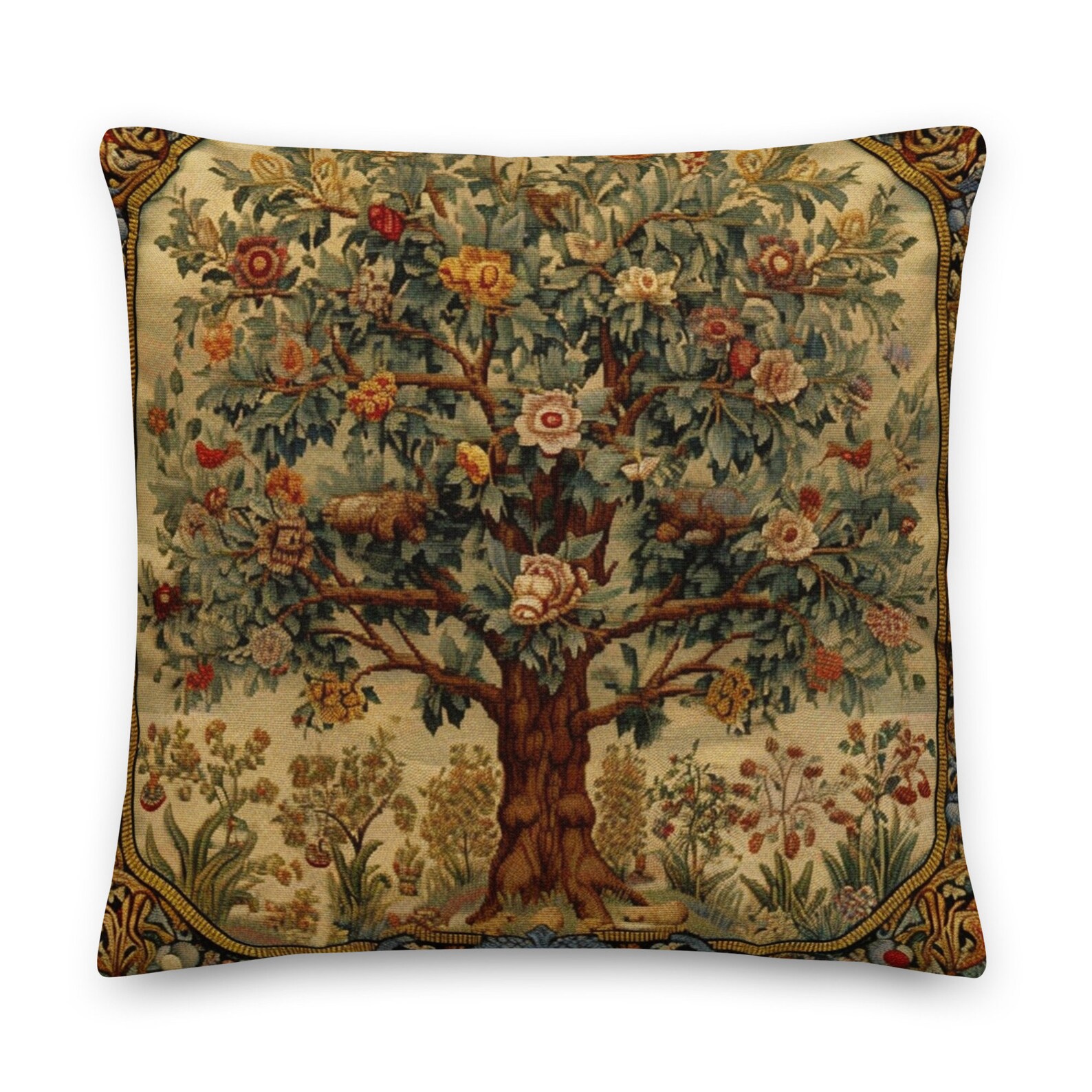 Tree of Life Pillow, Beige - Decorative Pillow, Belgian French Tapestry ...