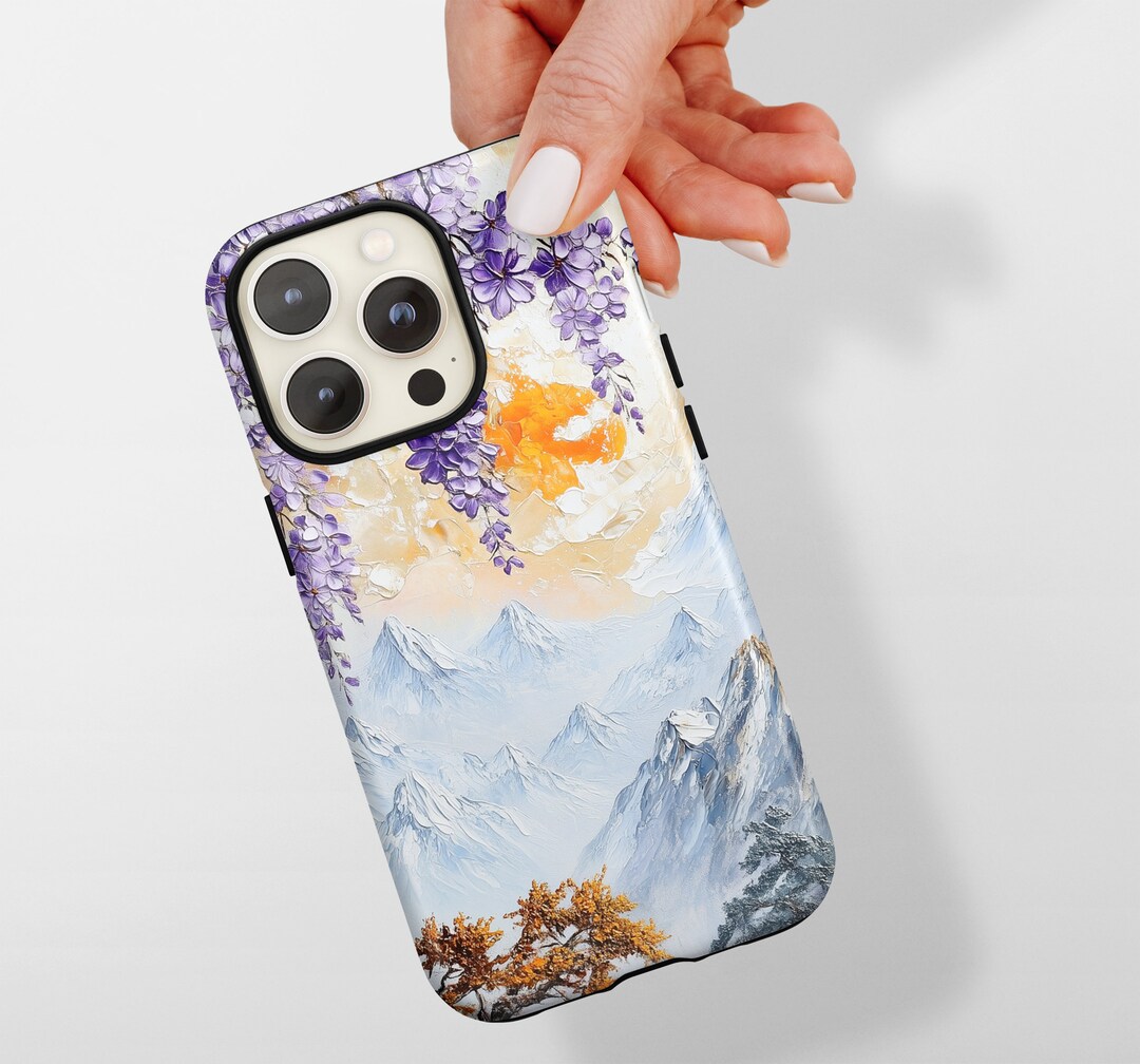 Purple Wisteria and Mountain Sunset Painting Phone Case | iPhone 15 14 ...