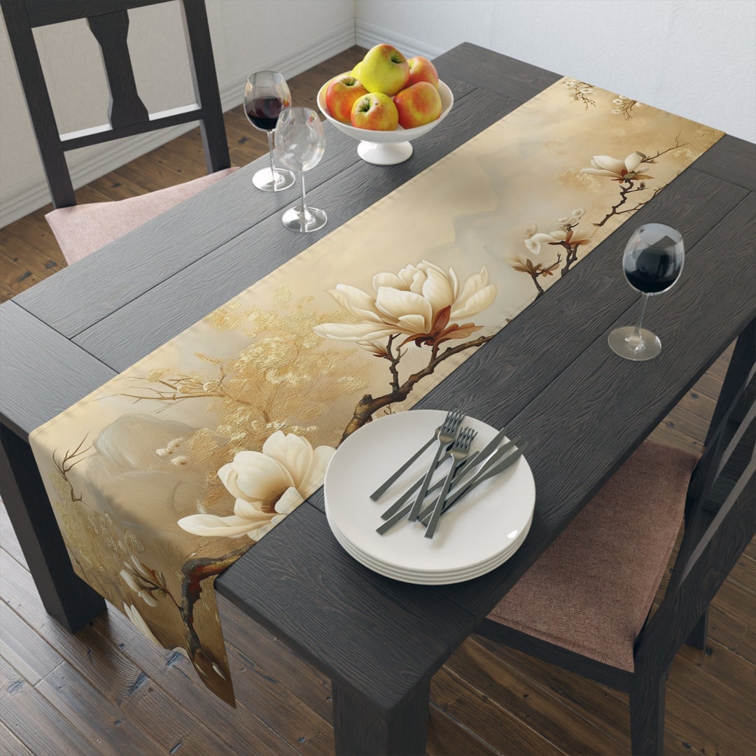 Golden Magnolia Whisper Table Runner, Elegant Cream Floral Dining Decor ...