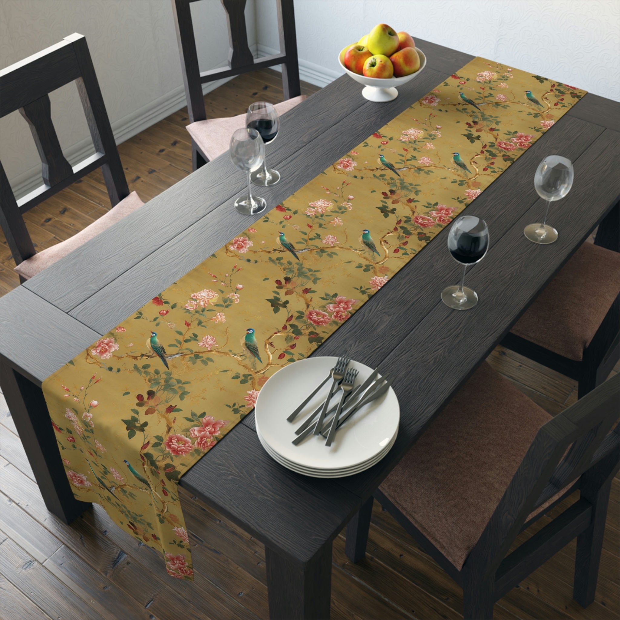 Gold Leaf Gilded Blue Bird Table Runner, Asian-inspired Bloom, 72"/90 ...