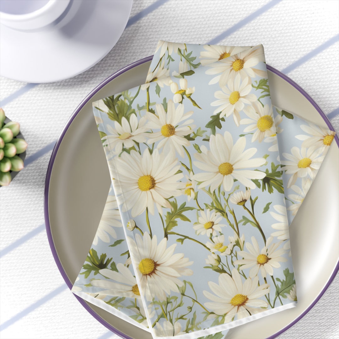Whimsical Summer Daisy Napkin Set, Blue and White Floral Linen, Perfect ...