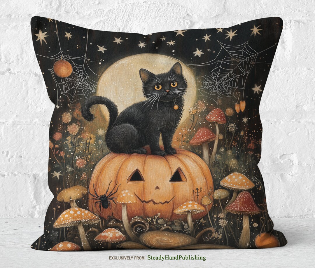 Black Cat Halloween Pillow, Kitty Halloween Charm, Gothic Whimsy Decor ...