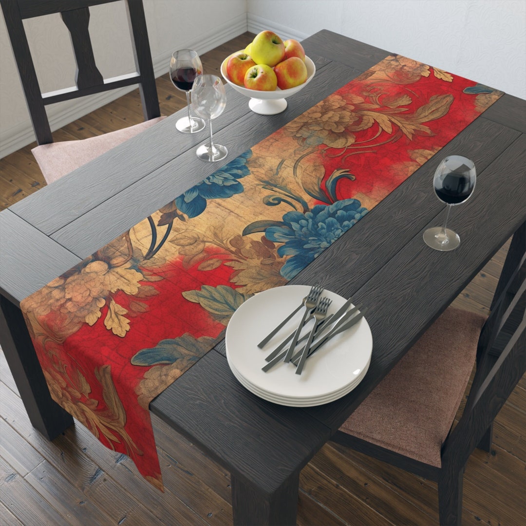 Gold & Red Asian Themed Table Runner, Blue Flowers on Red and Gold ...