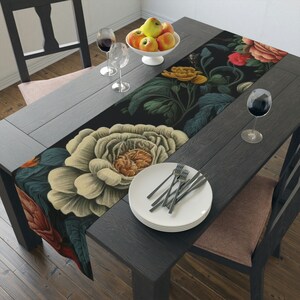 Floral Table Runner - Stunning Flowers on Black Canvas, Spring Table ...