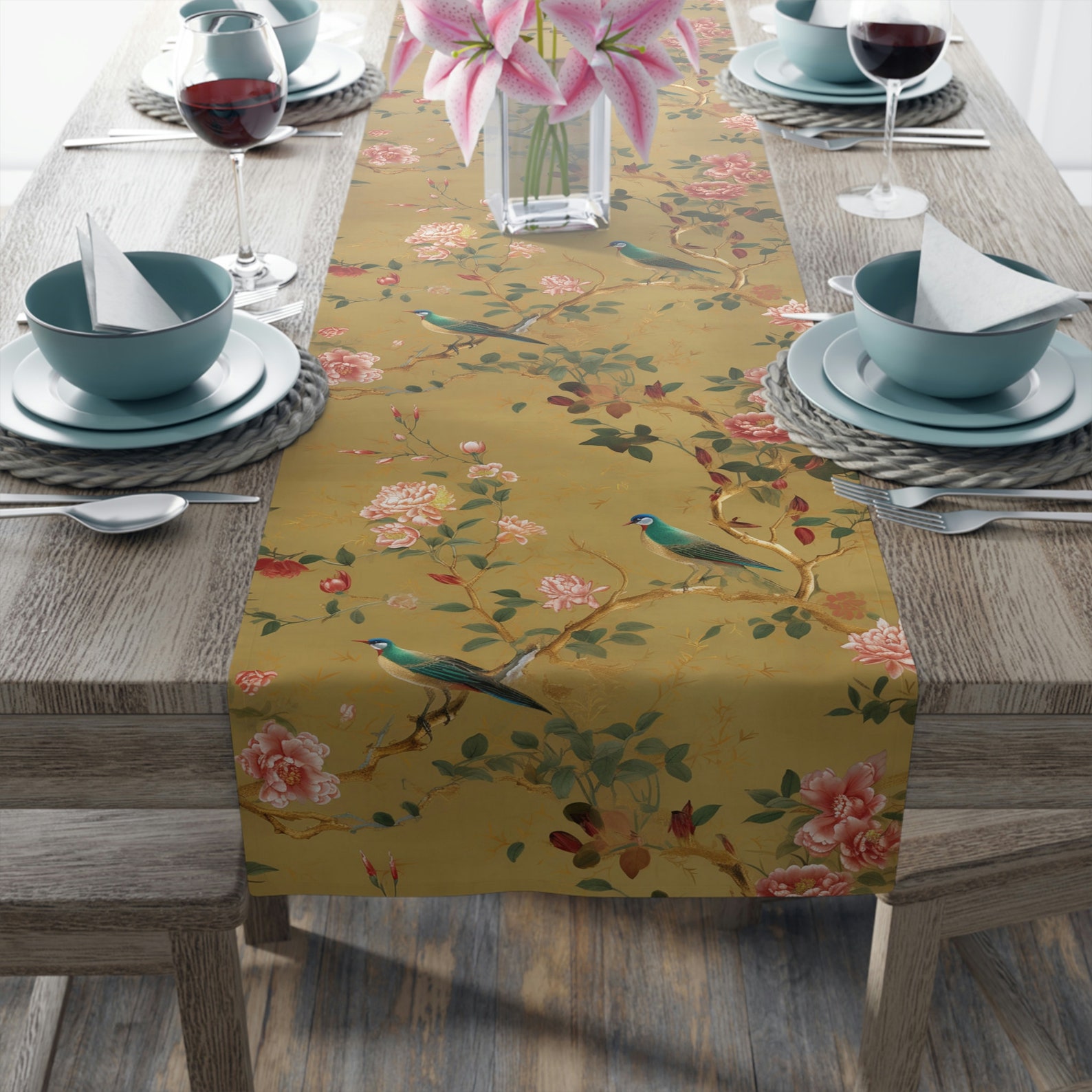 Gold Leaf Gilded Blue Bird Table Runner, Asian-inspired Bloom, 72"/90 ...