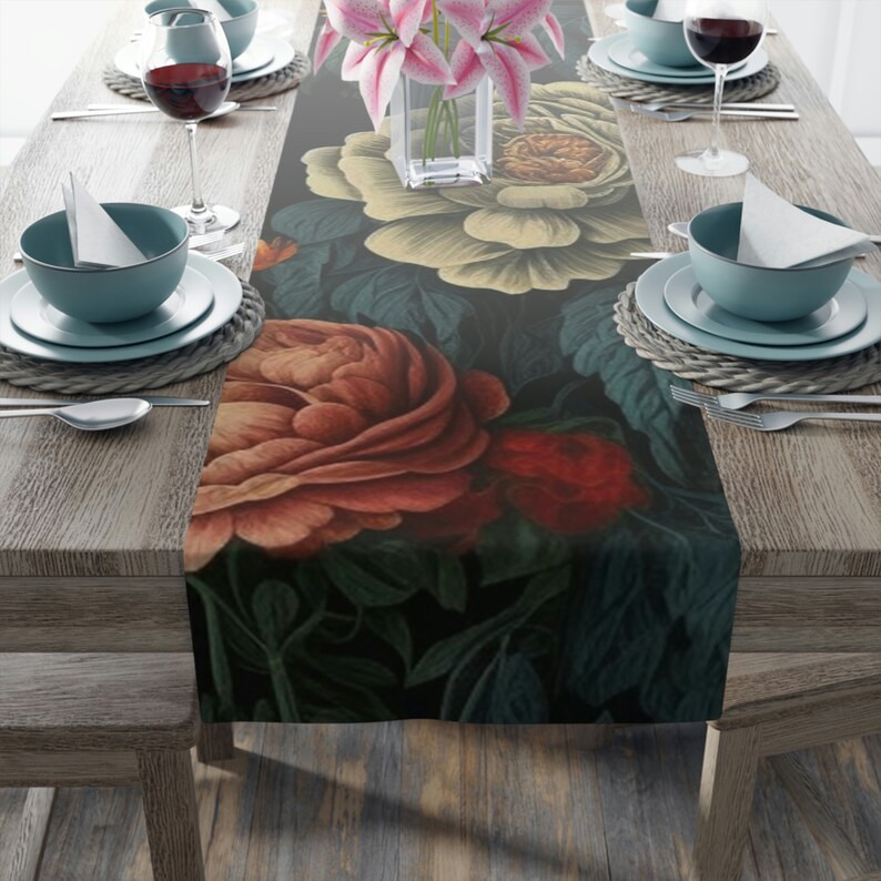 Floral Table Runner - Stunning Flowers on Black Canvas, Spring Table ...