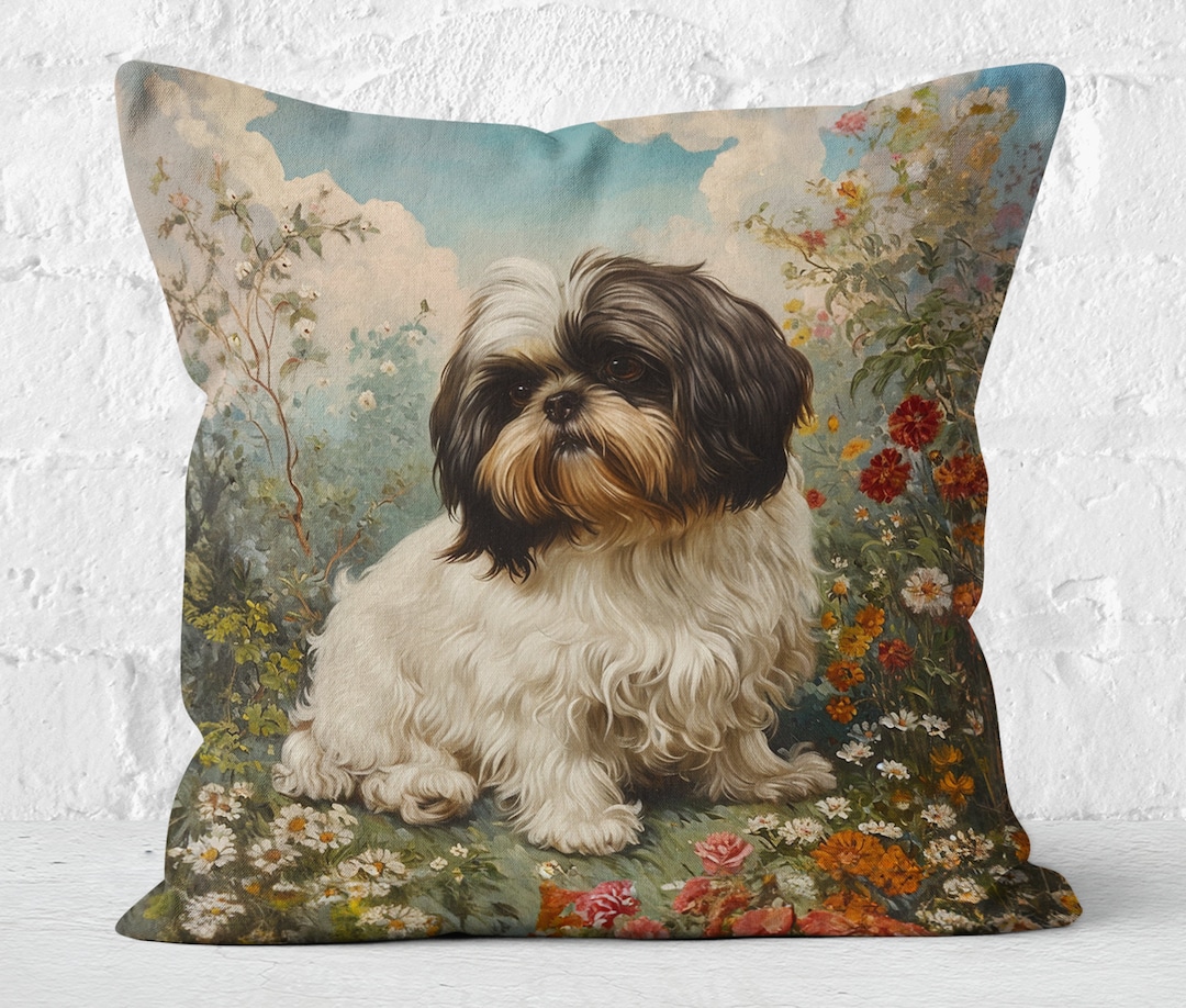 Shih Tzu Garden Grace Pillow Meadow Blooms Teal Rustic Shih Tzu Mom ...