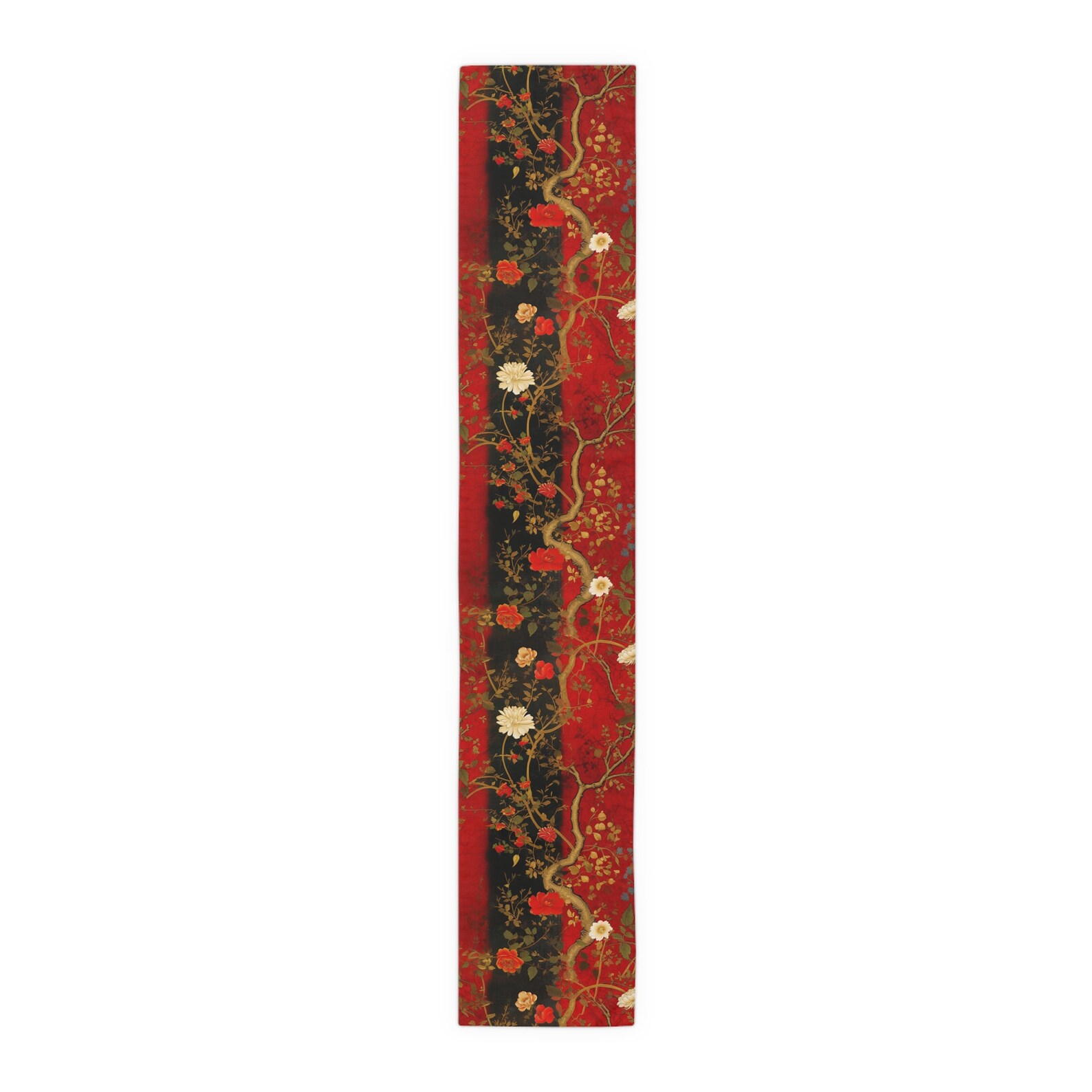 Captivating Asian-inspired Table Runner Red Black Golden Tree Floral ...