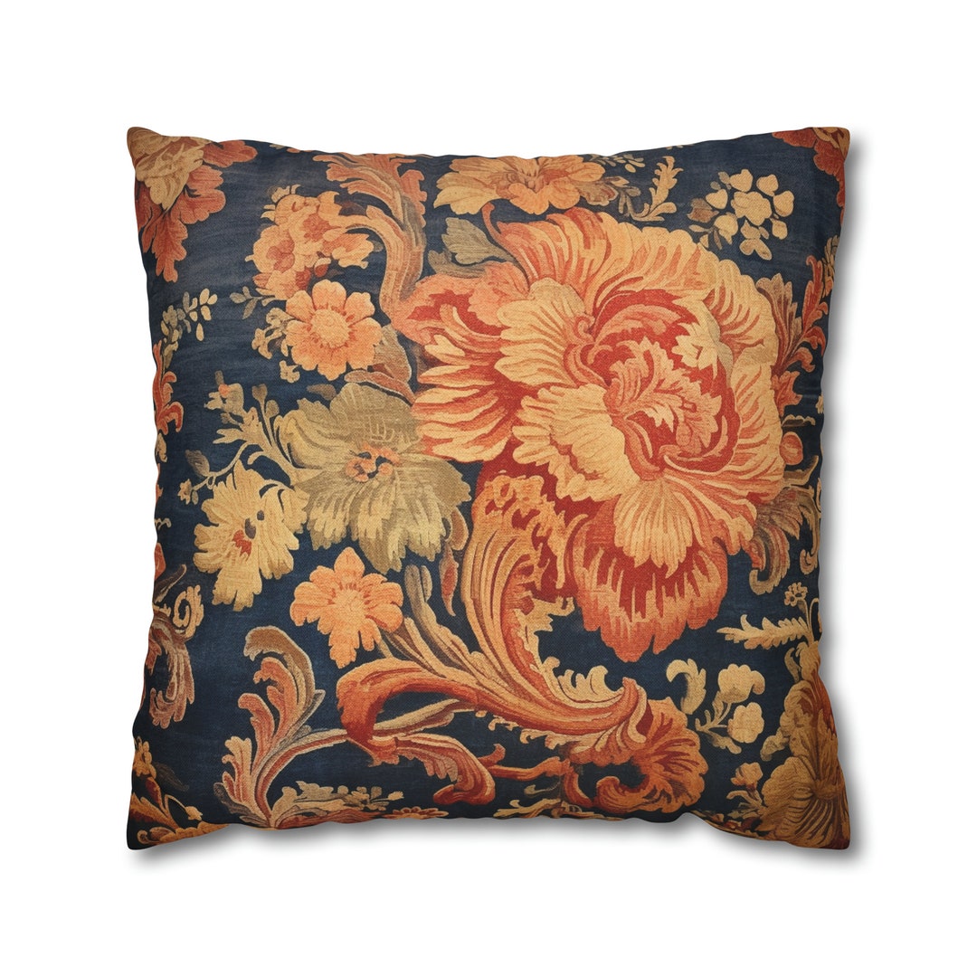 19th Century French Damask Textile Style Pillow Case, Orange and Blue ...