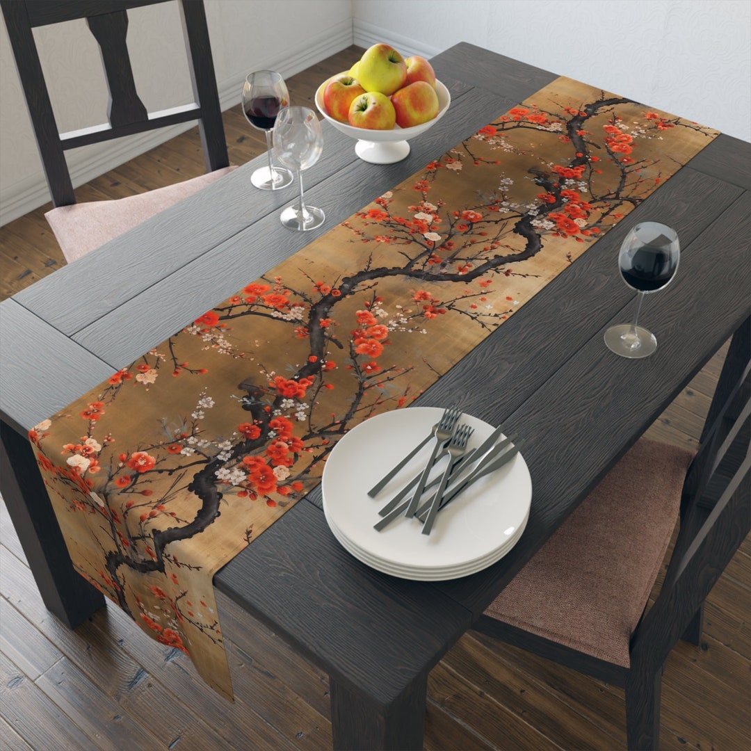 Designer Asian-inspired Table Runner, Golden Theme With Floral Tree ...