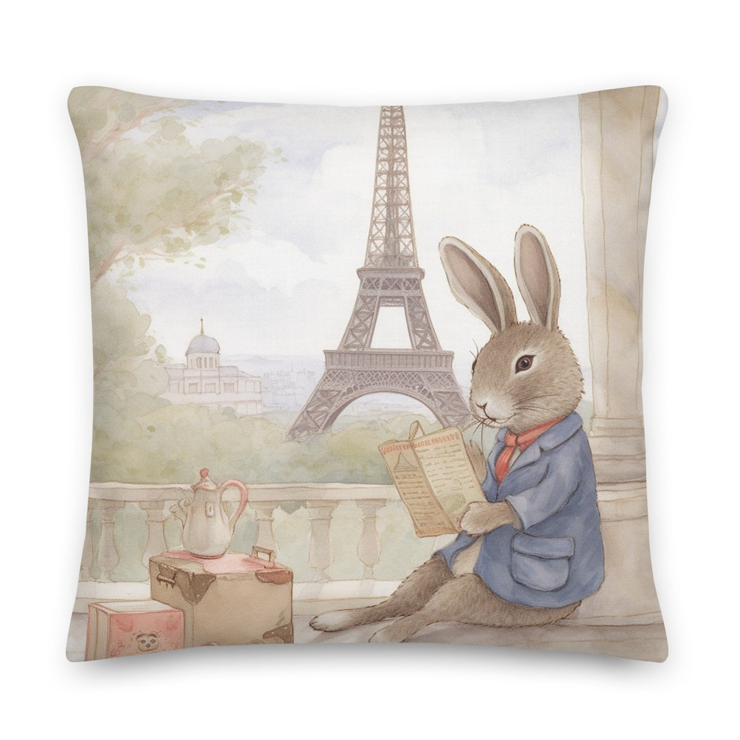 Whimsical Rabbit Paris Pillow, Bunny Reading on Paris Balcony Pillow ...